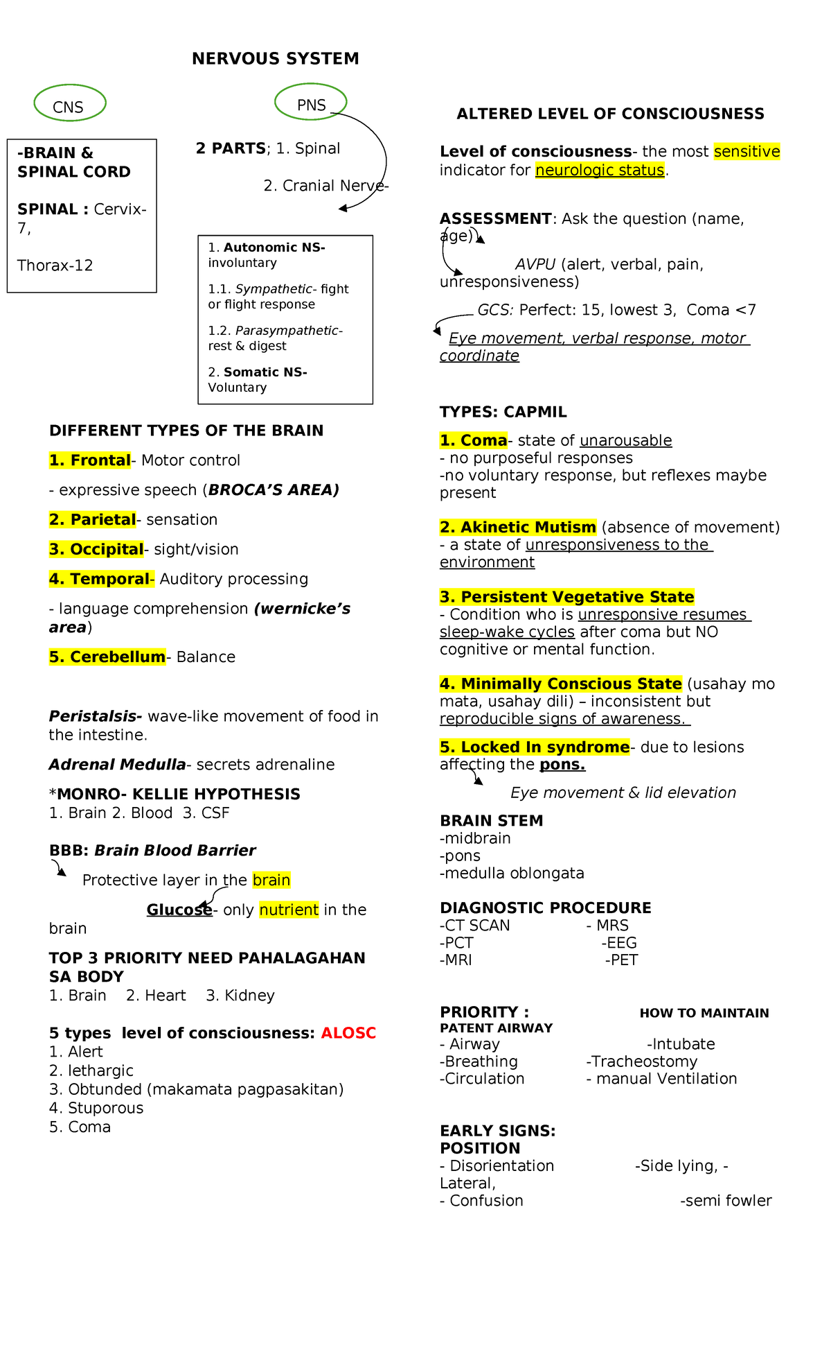 Prelim - notes - CNS PNS NERVOUS SYSTEM 2 PARTS; 1. Spinal Nerve- 31 2 ...