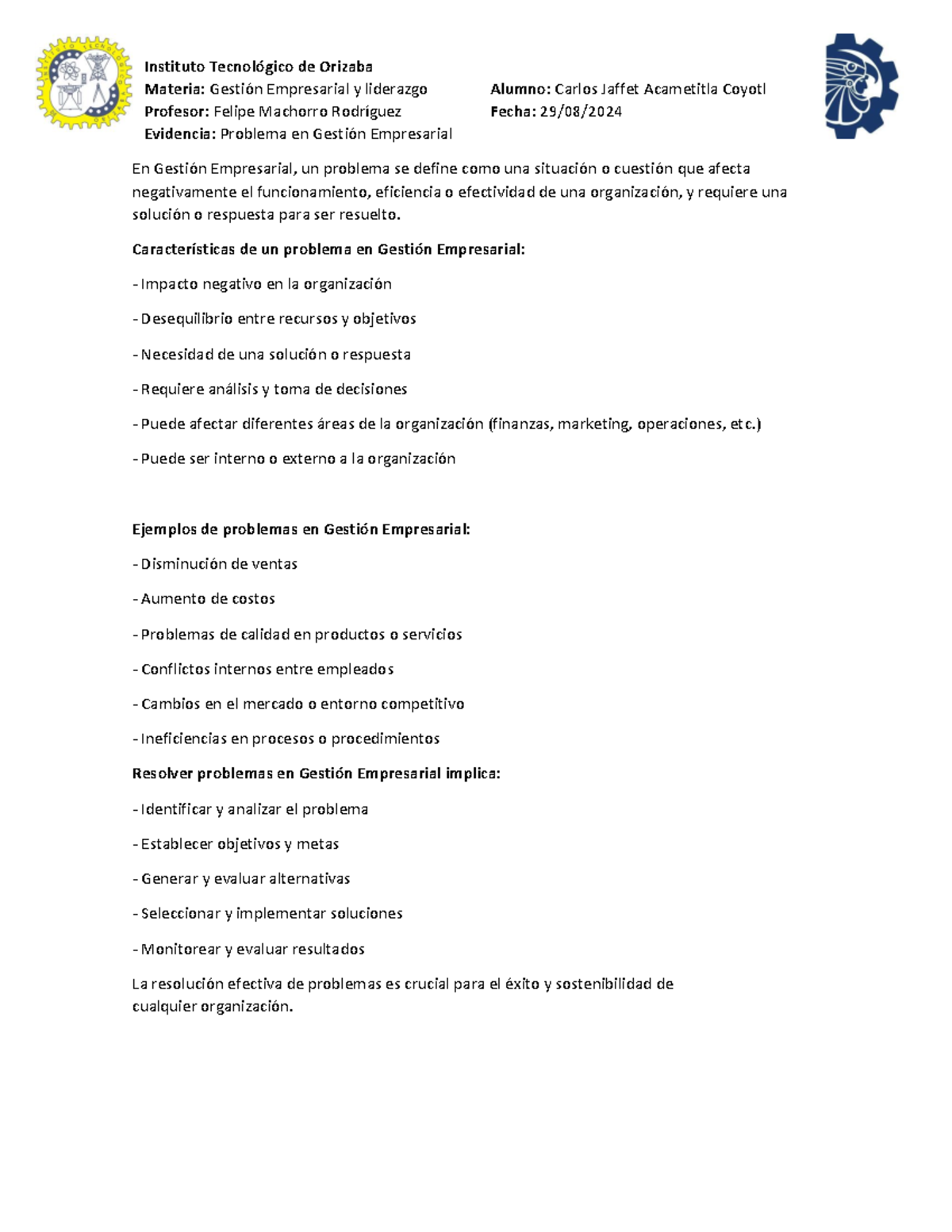 Problema en Gestion Empresarial - Características de un problema en ...