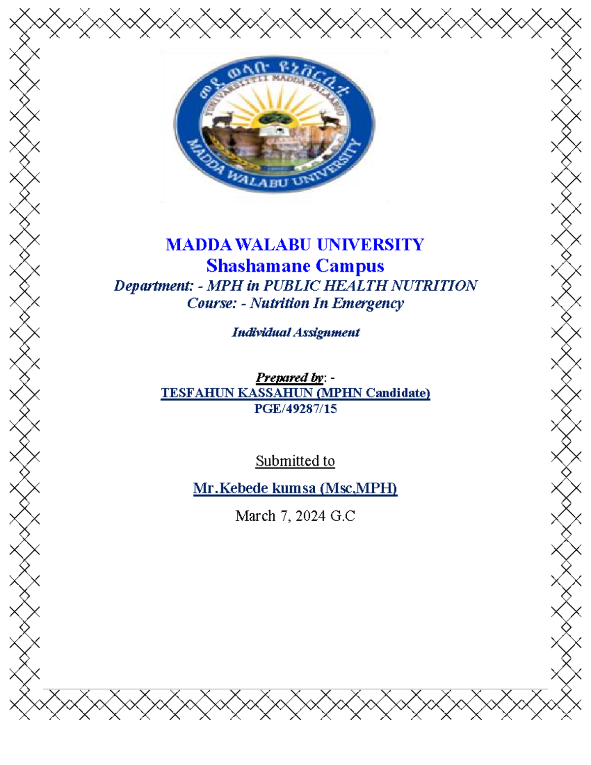 Nut Em Assignment 1 (Individual) - MADDA WALABU UNIVERSITY Shashamane ...