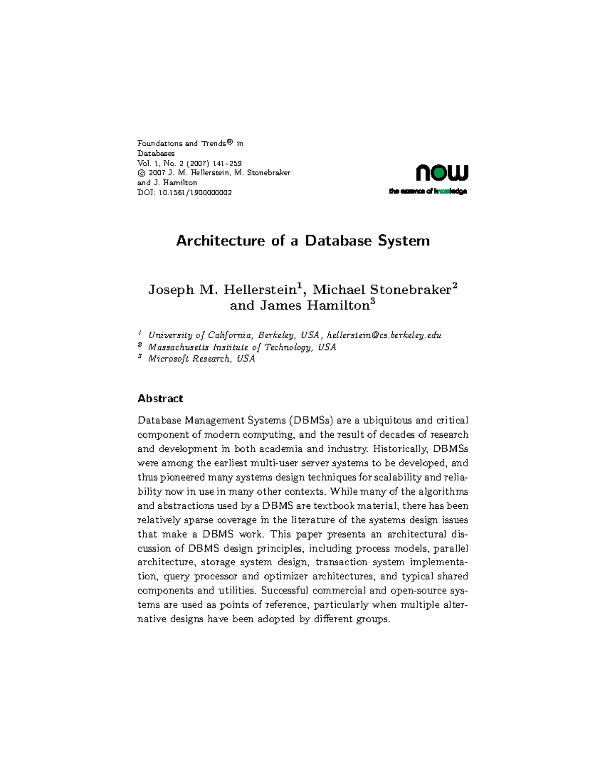 Fntdb 07-architecture - Foundations and Trends ©R in Databases Vol. 1 ...