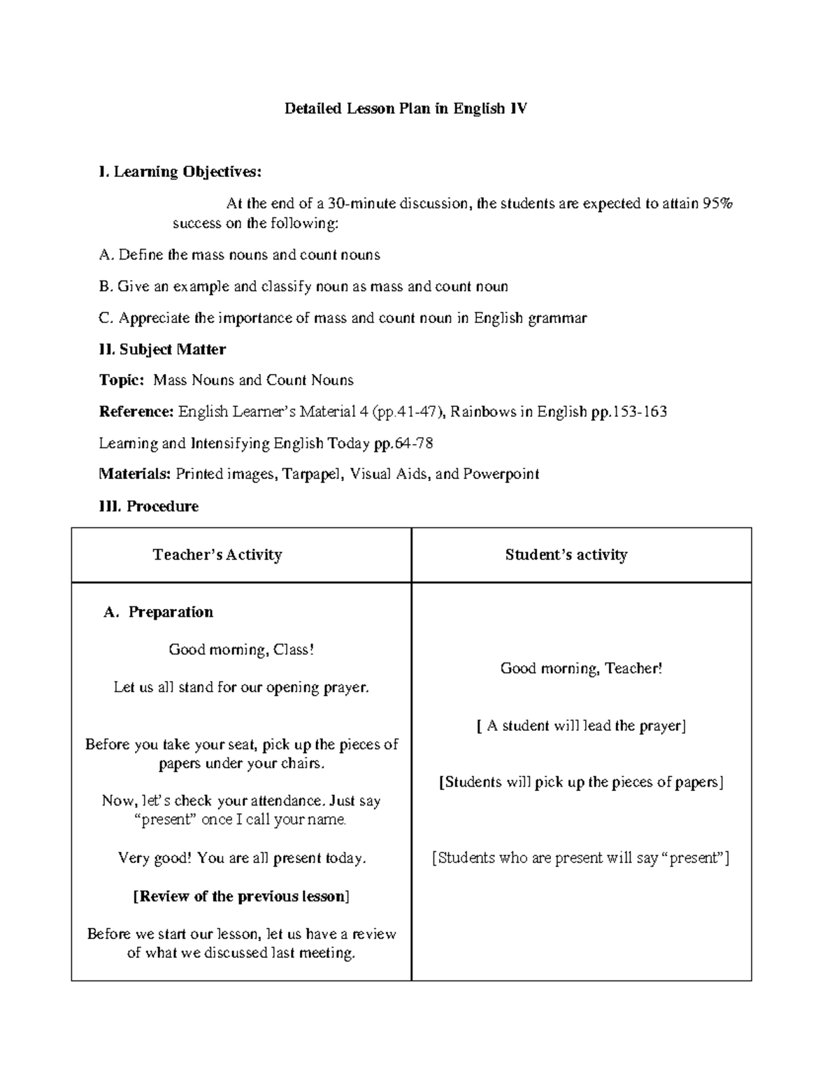 Detailed Lesson Plan (Count and mass Noun).pdf - Detailed Lesson Plan ...