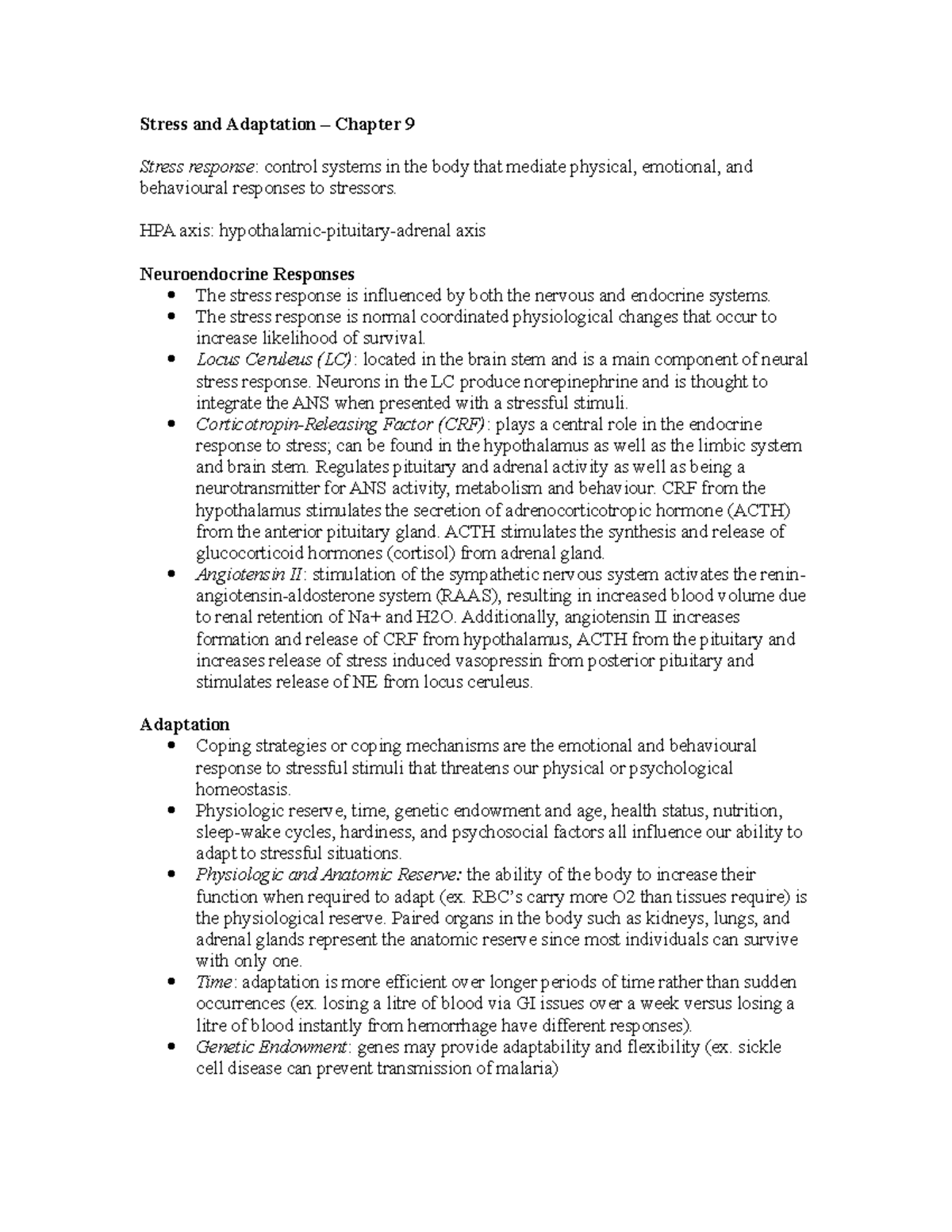 Lecture notes, lectures stress and adaptation - Stress and Adaptation ...