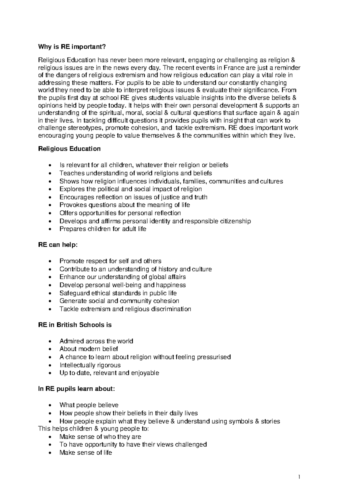 Why REmatters - To help others - 1 Why is RE important? Religious ...