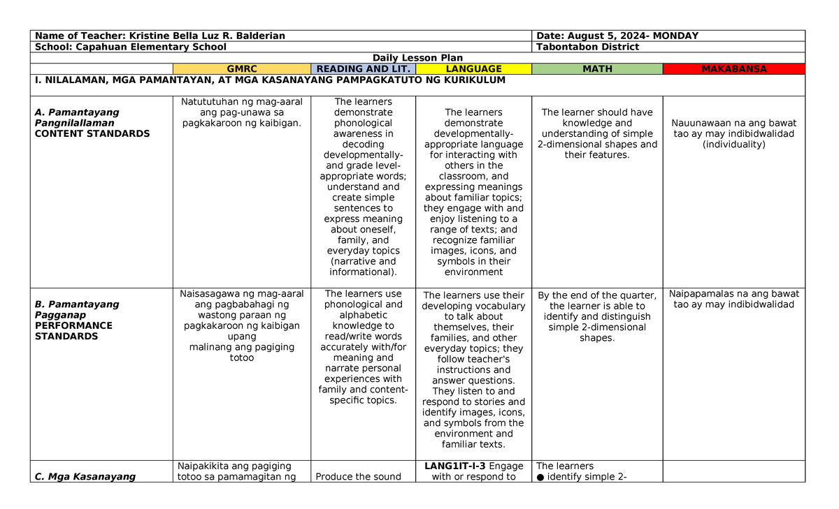Matatag-DLP- Template-by-KBL - Name of Teacher: Kristine Bella Luz R ...
