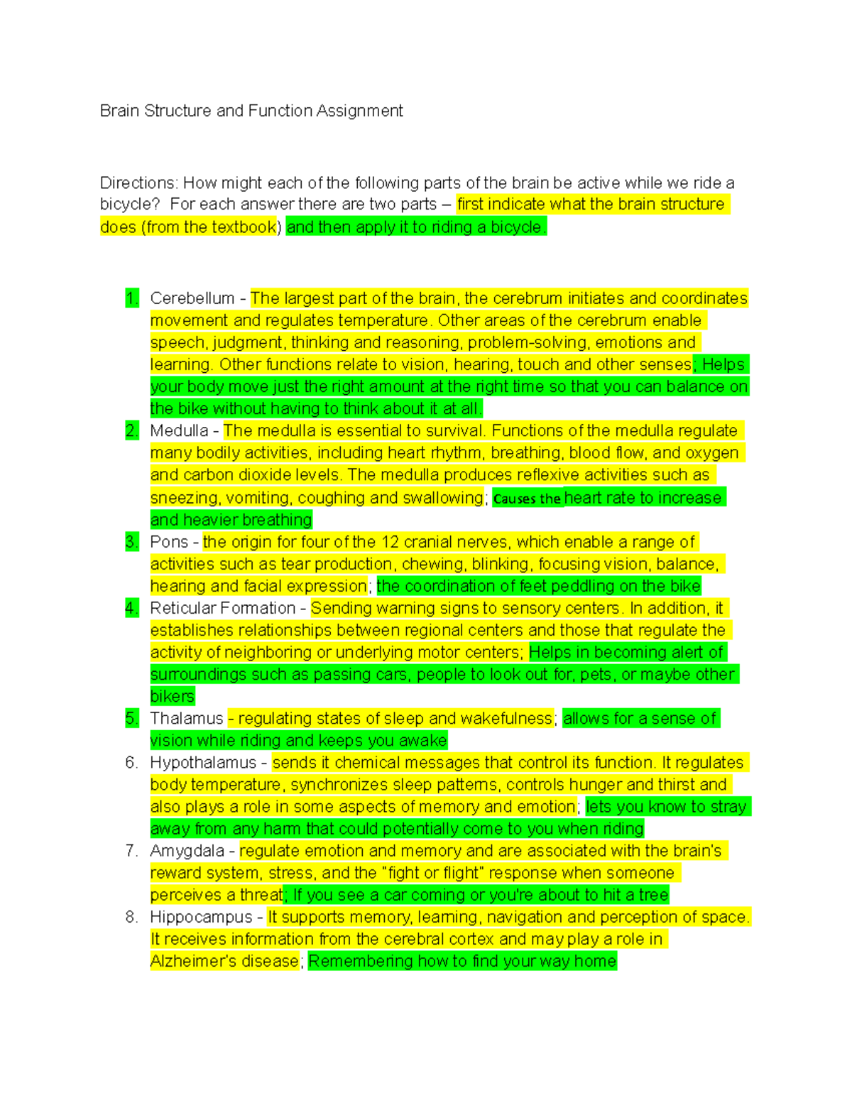 Parts of the brain - Psyc - Brain Structure and Function Assignment Directions: How might each ...