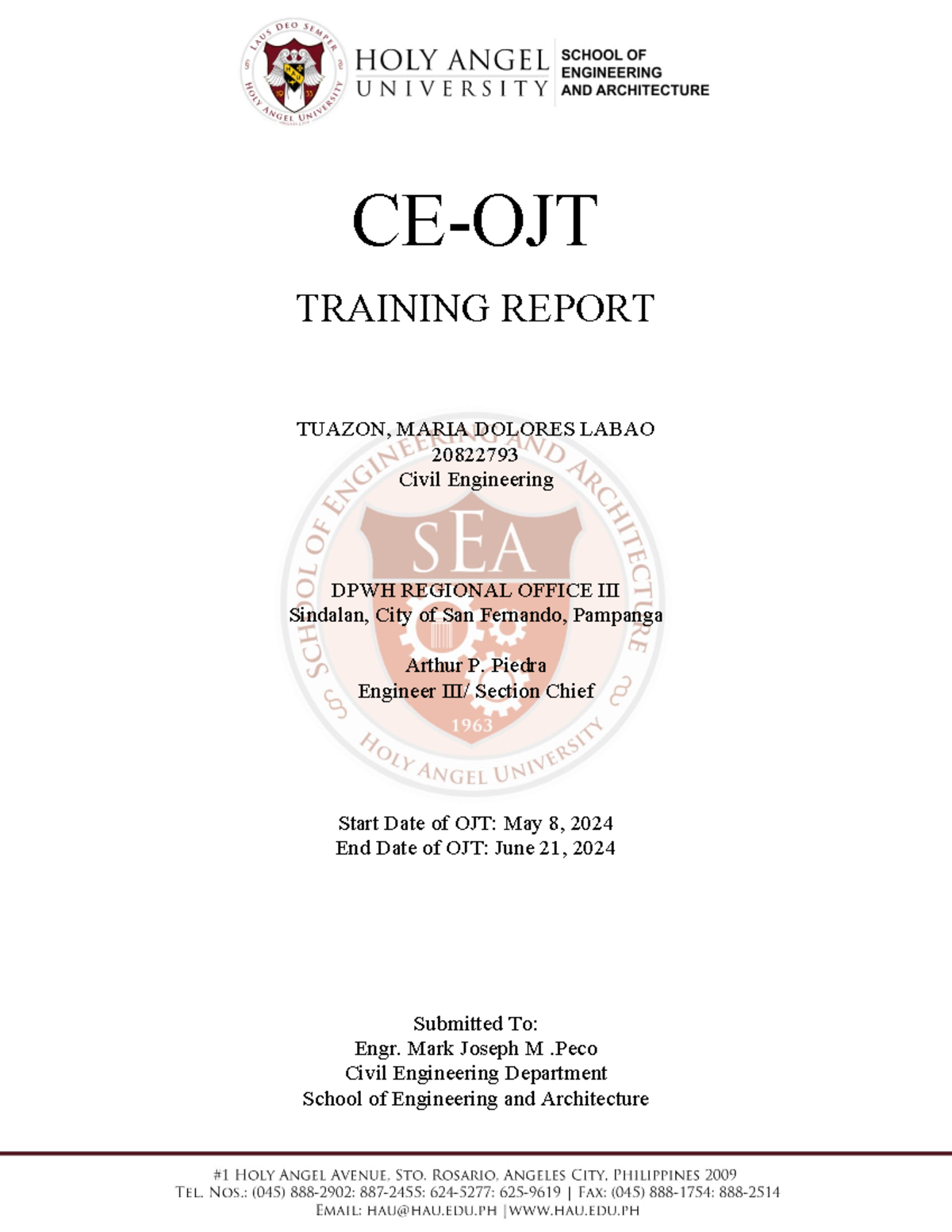Final Training Report Template - CE-OJT TRAINING REPORT TUAZON, MARIA ...