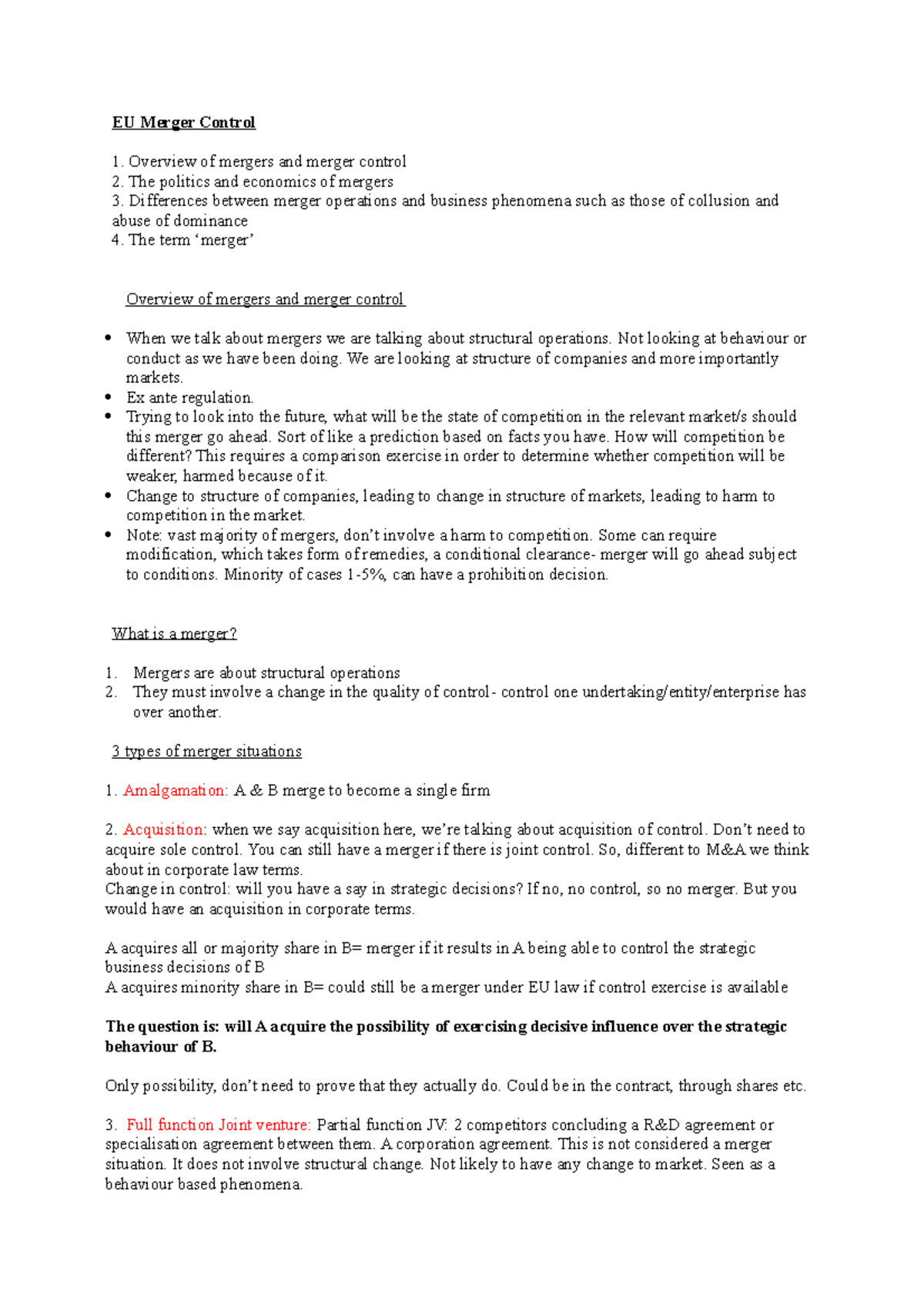 EU Merger Control - lecture and reading - EU Merger Control Overview of ...
