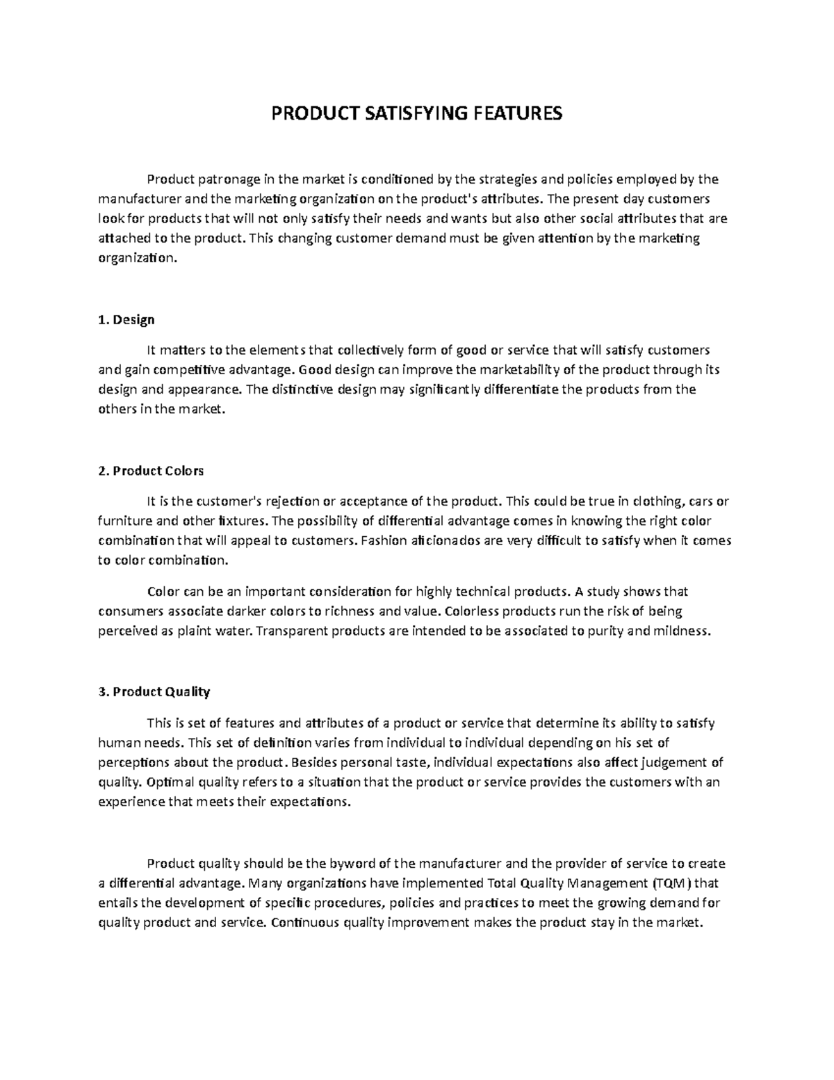 Product Satisfying Features - PRODUCT SATISFYING FEATURES Product ...