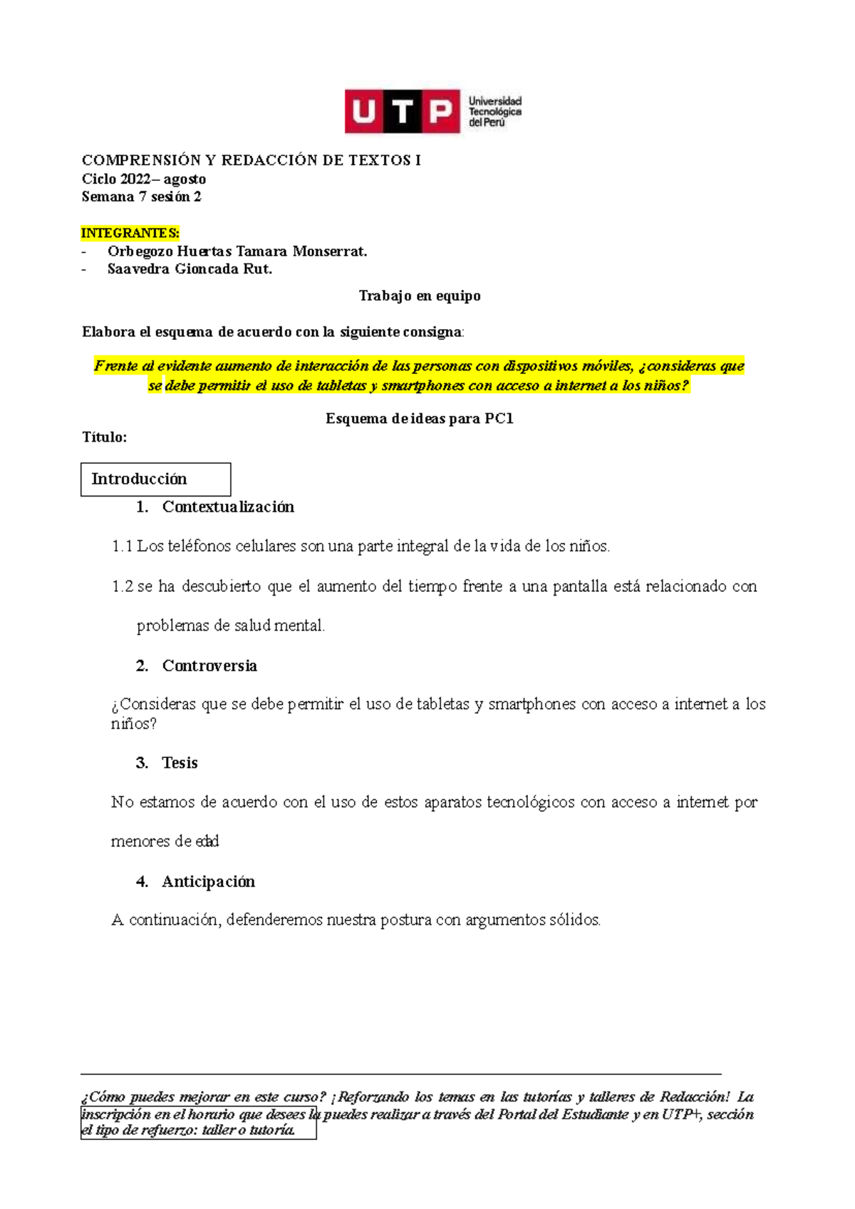 Entrega de la PC1 Texto Argumentativo S7S2 - COMPRENSIÓN Y REDACCIÓN DE TEXTOS I Ciclo 2022 ...