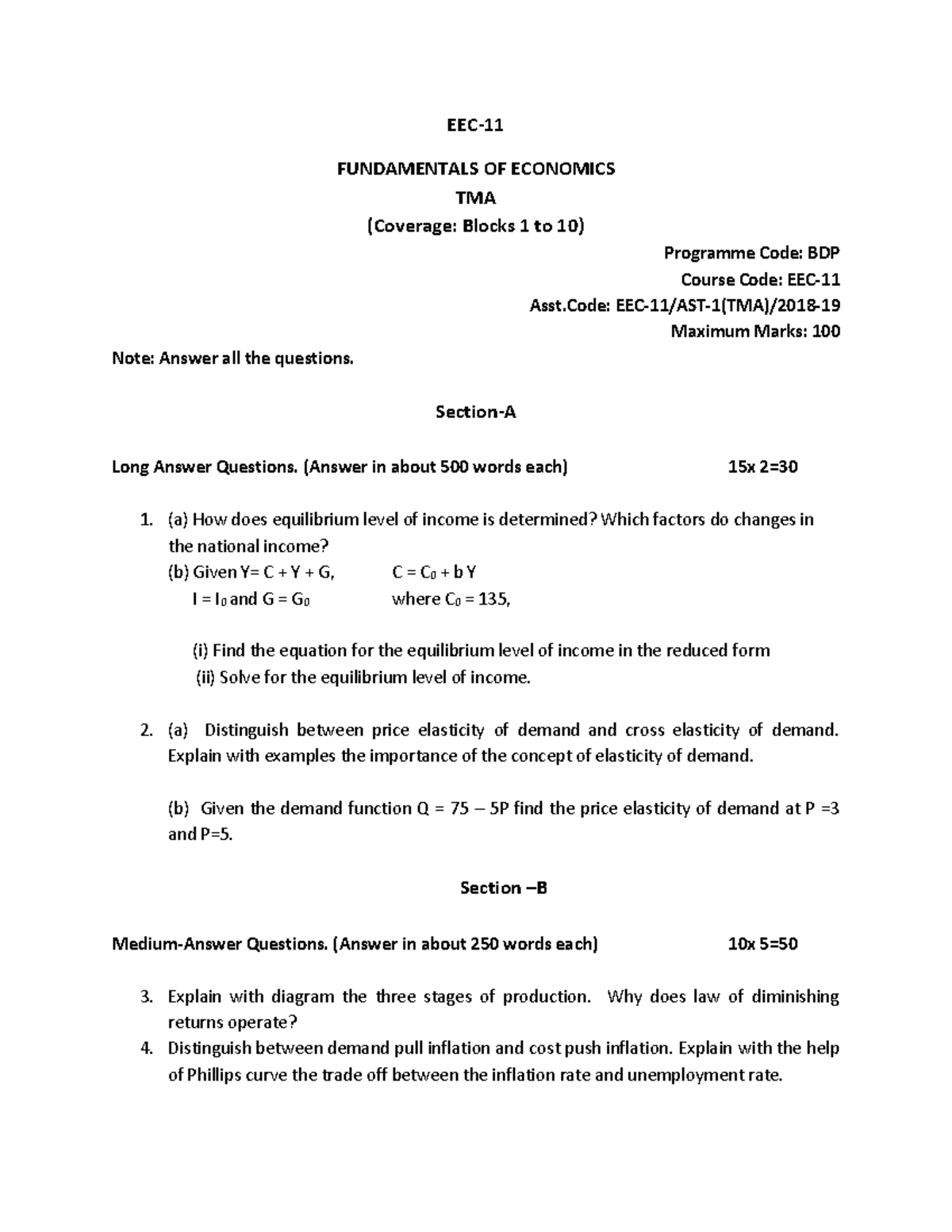 EEC-11 assignment pdf - EEC-11 FUNDAMENTALS OF ECONOMICS TMA (Coverage ...