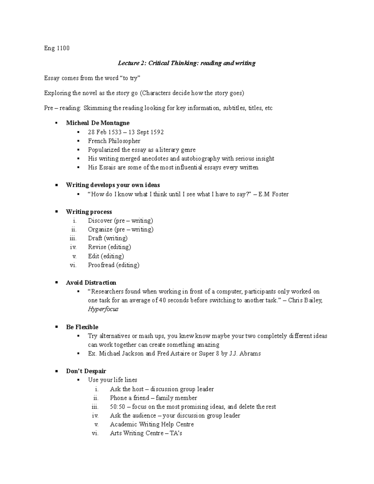 Eng 1100 (lectures for the midterm) - Eng 1100 Lecture 2: Critical Thinking: reading and writing ...