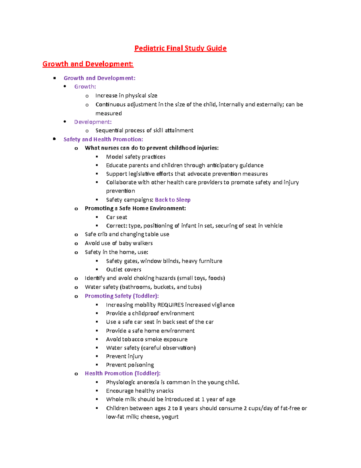 Pediatric Final Study Guide - Pediatric Final Study Guide Growth and ...