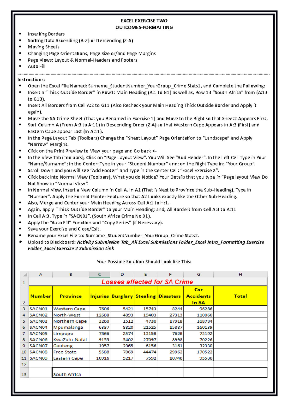 Excel Exercise 2 Formatting - EXCEL EXERCISE TWO OUTCOMES-FORMATTING ...