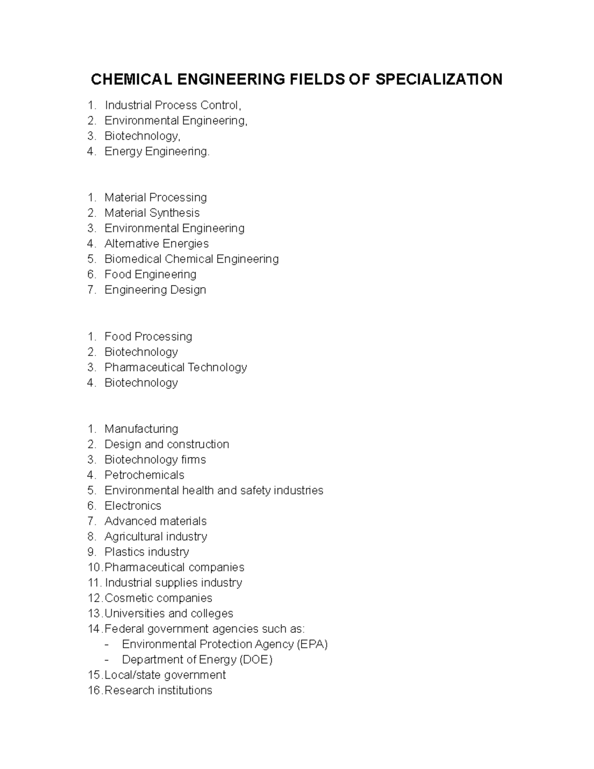 Chemical Engineering Fields of Specialization - CHEMICAL ENGINEERING ...