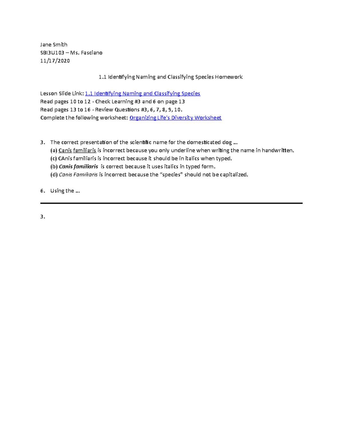 1.1 Identifying Naming and Classifying Species Homework - Smith (Template) - Jane Smith SBI3U103 ...