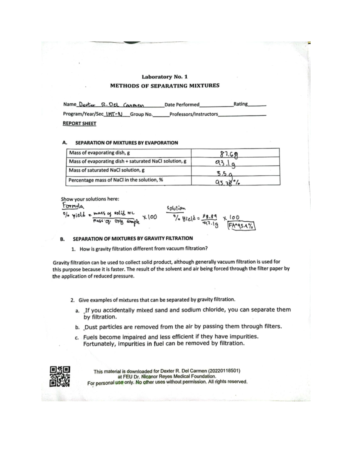 Methods OF Separating Mixtures Mixtures - RDR LABORATORY EXPERIMENT 1 ...