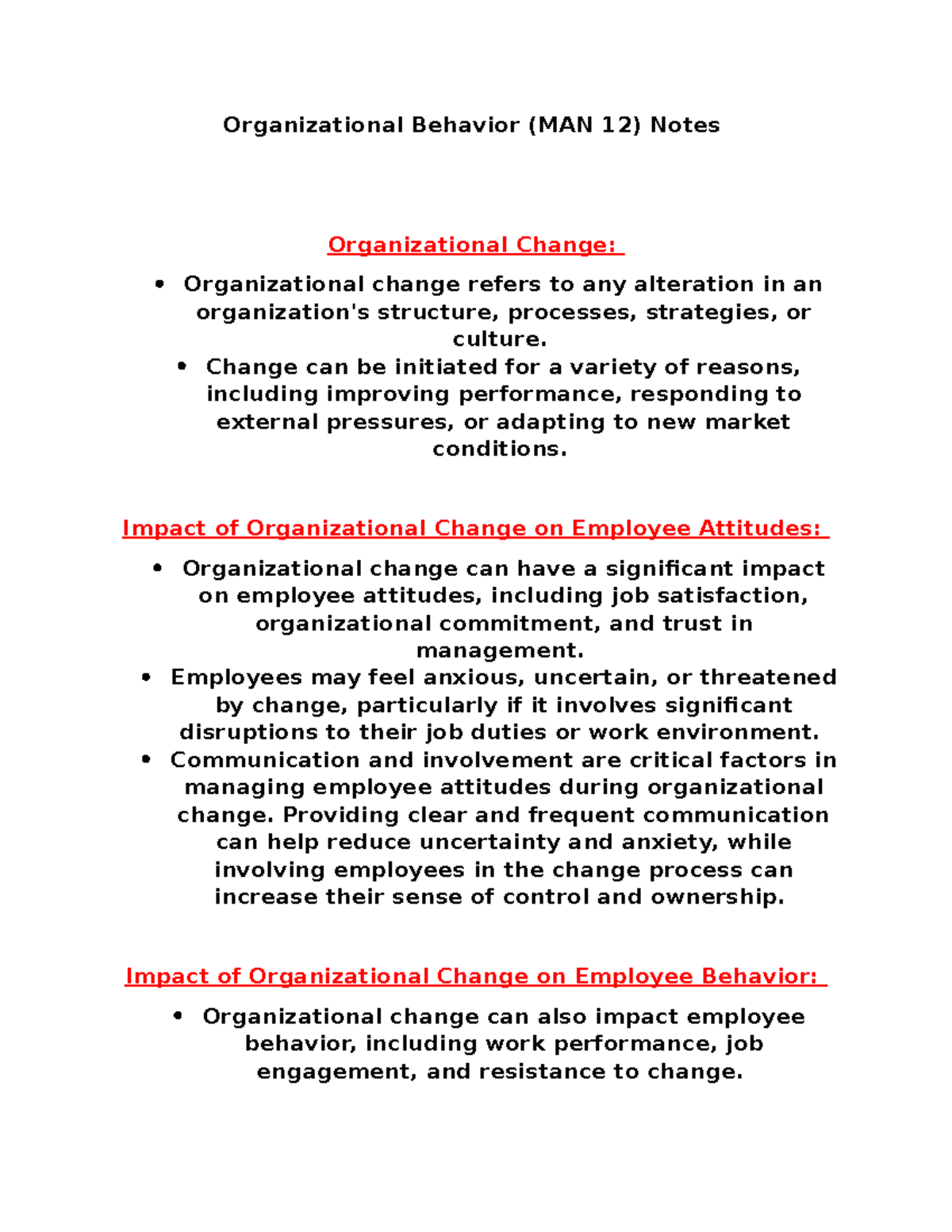 Organizational Behavior (MAN 12) Notes 1 - Organizational Behavior (MAN ...