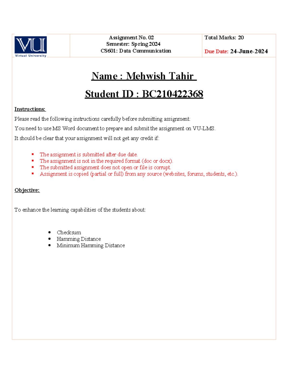 cs601 assignment 2 - Assignment No. 02 Semester: Spring 2024 CS601: Data Communication Total ...
