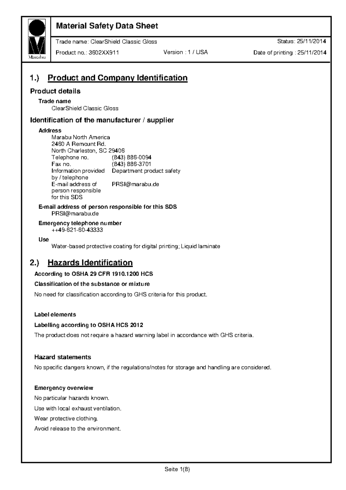 Clearshield Gloss - hoja de seguridad - Trade name: ClearShield Classic ...