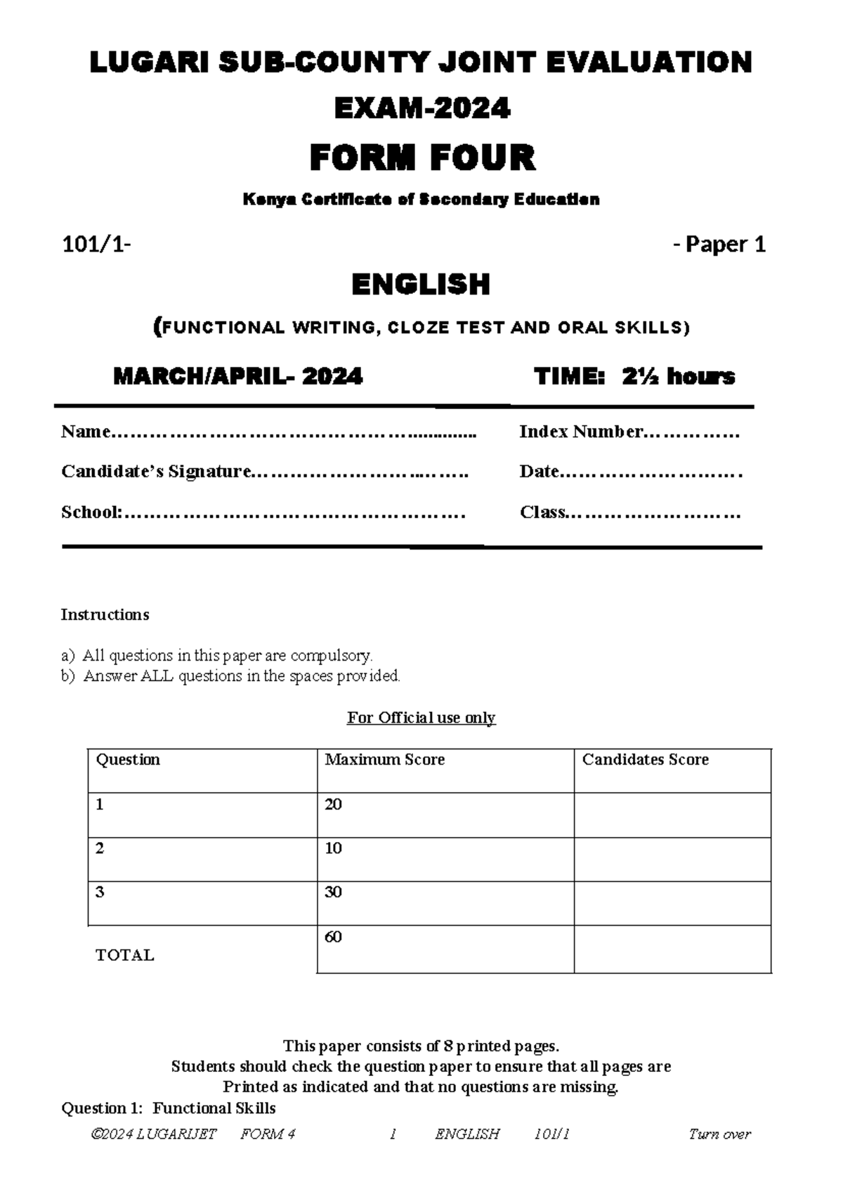 ENG PP1 Qstns - Take Home Assignment - LUGARI SUB-COUNTY JOINT ...