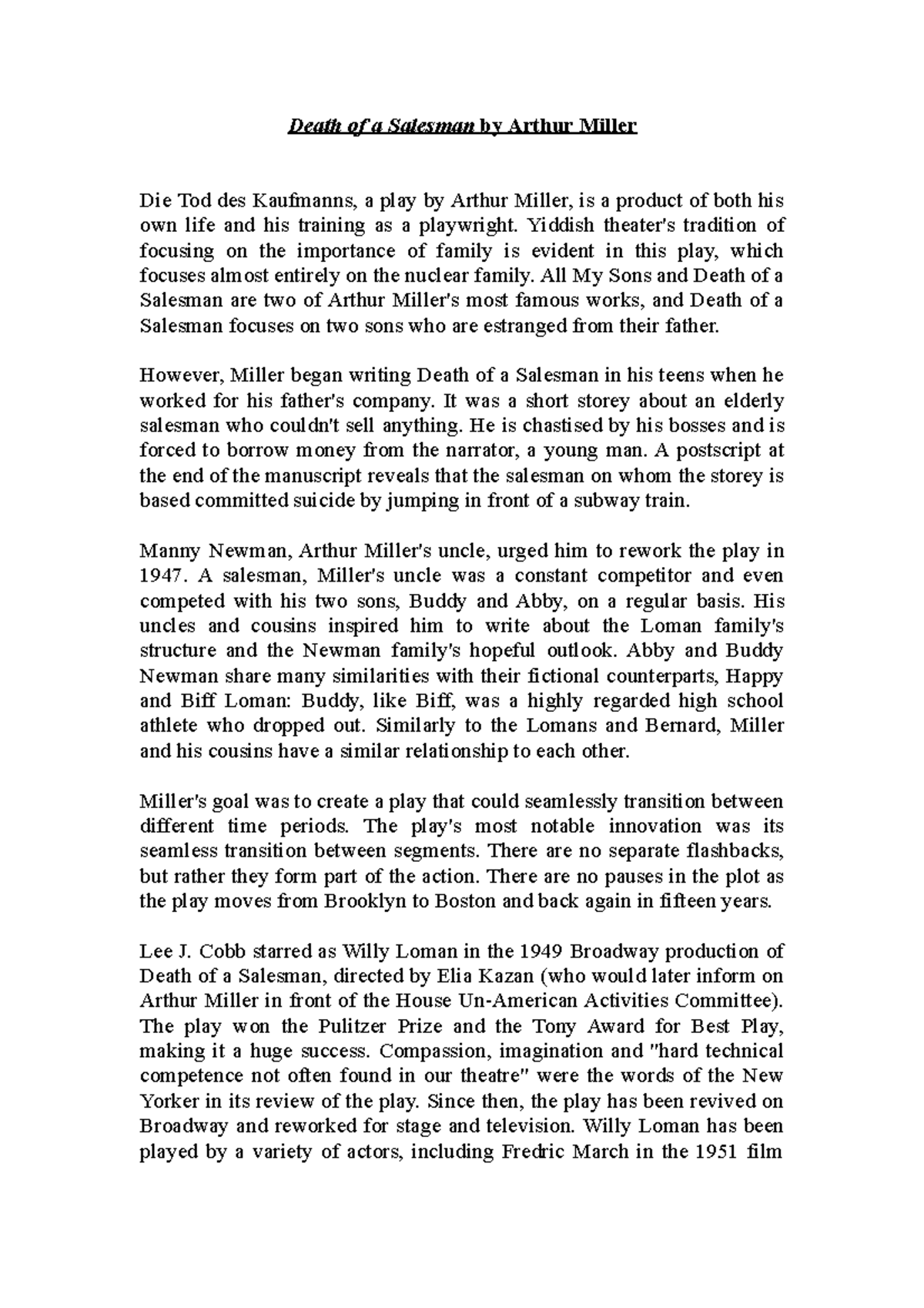 Death of a Salesman by Arthur Miller - English Literature - AMU - Studocu