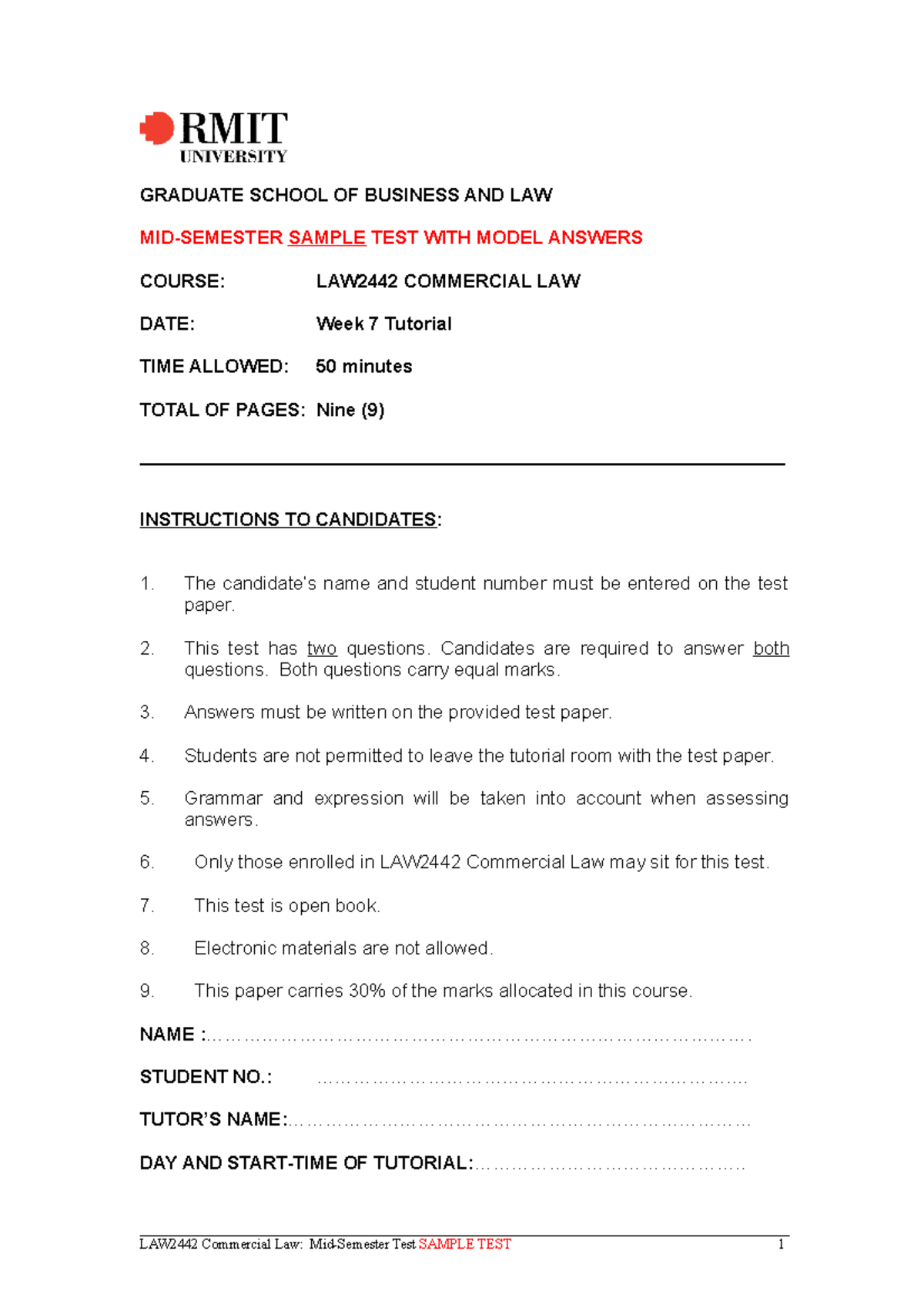 Week7 Sample Test with answers - GRADUATE SCHOOL OF BUSINESS AND LAW ...