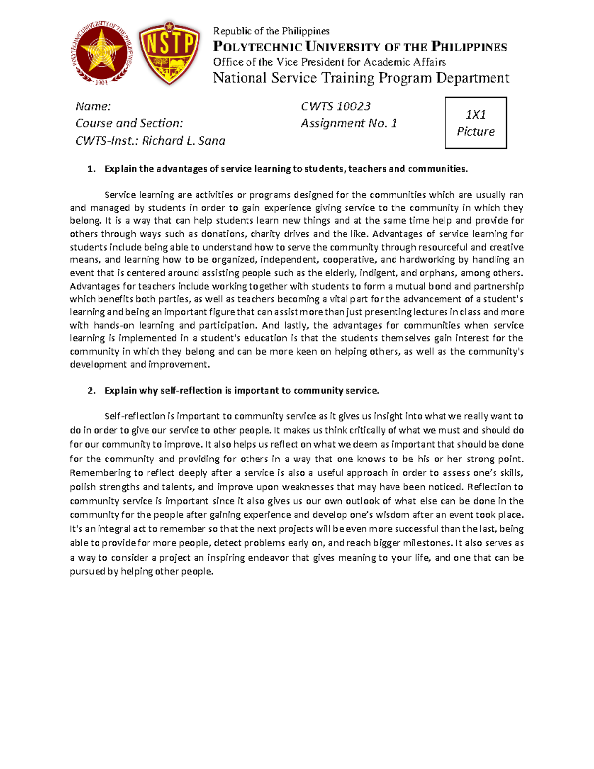 CWTS - Assignment NO. 1 - Republic of the Philippines POLYTECHNIC ...