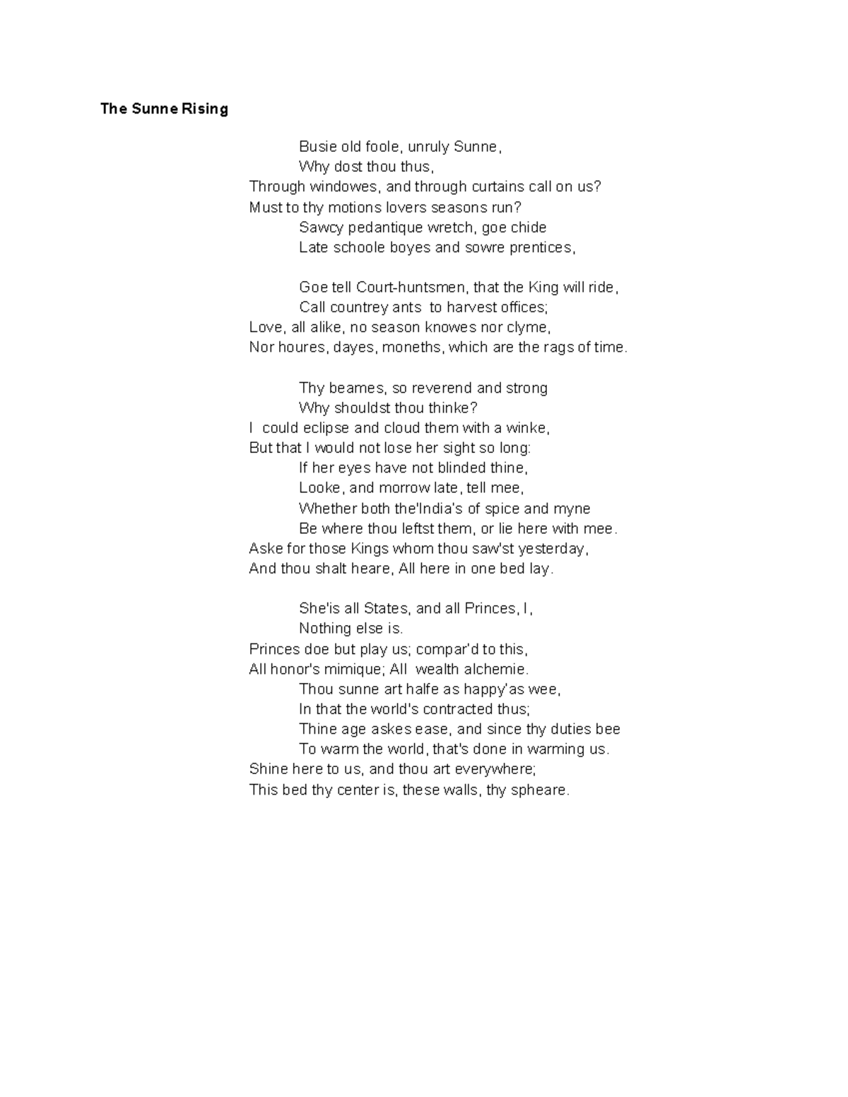 John Donne's Poems - The Sunne Rising Busie old foole, unruly Sunne ...