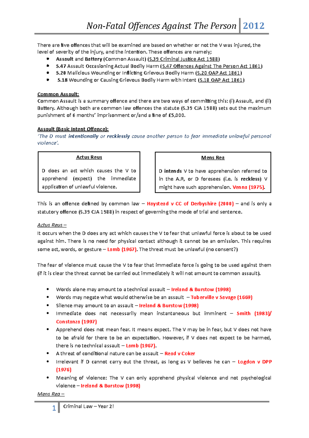 Non-Fatal Offences Against The Person - Lecture 4 - There are five ...