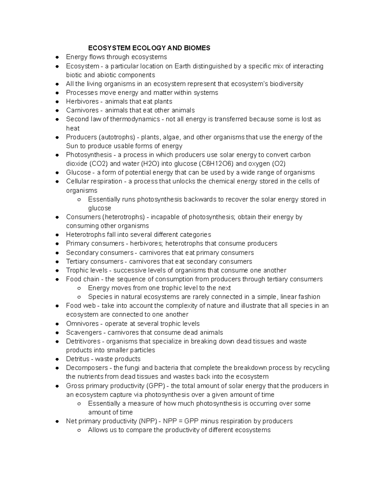 NRE1000 CH3 - Lecture notes ch3 - ECOSYSTEM ECOLOGY AND BIOMES Energy ...
