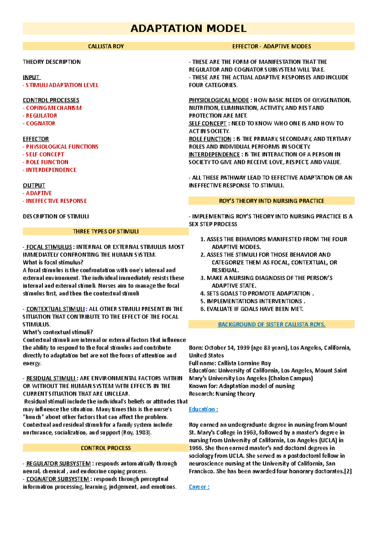 Adaptation- Model - ADAPTATION MODEL CALLISTA ROY THEORY DESCRIPTION ...