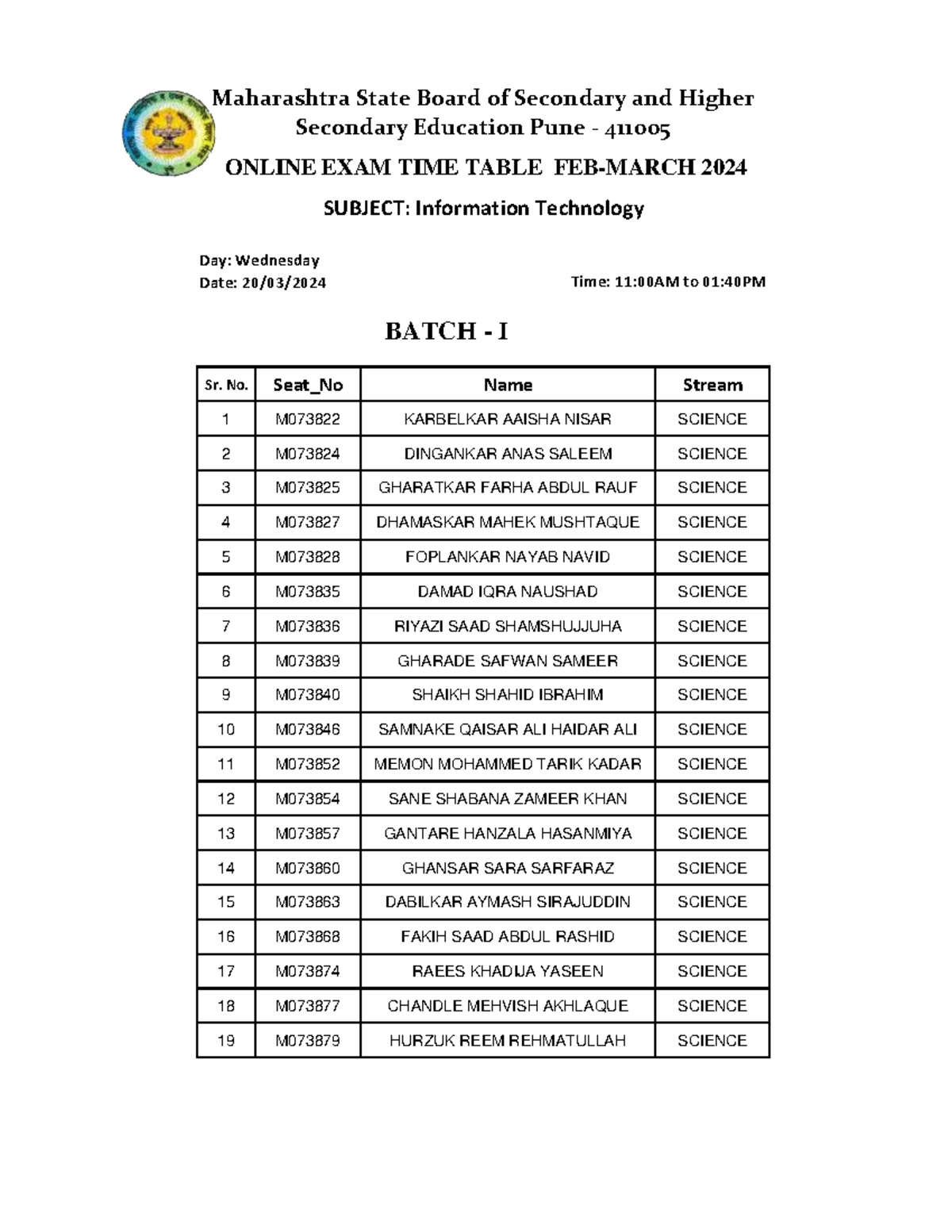 HSC IT Online EXAM TIME Table-2024 - Day: Wednesday Date: 20/03/ Sr. No ...