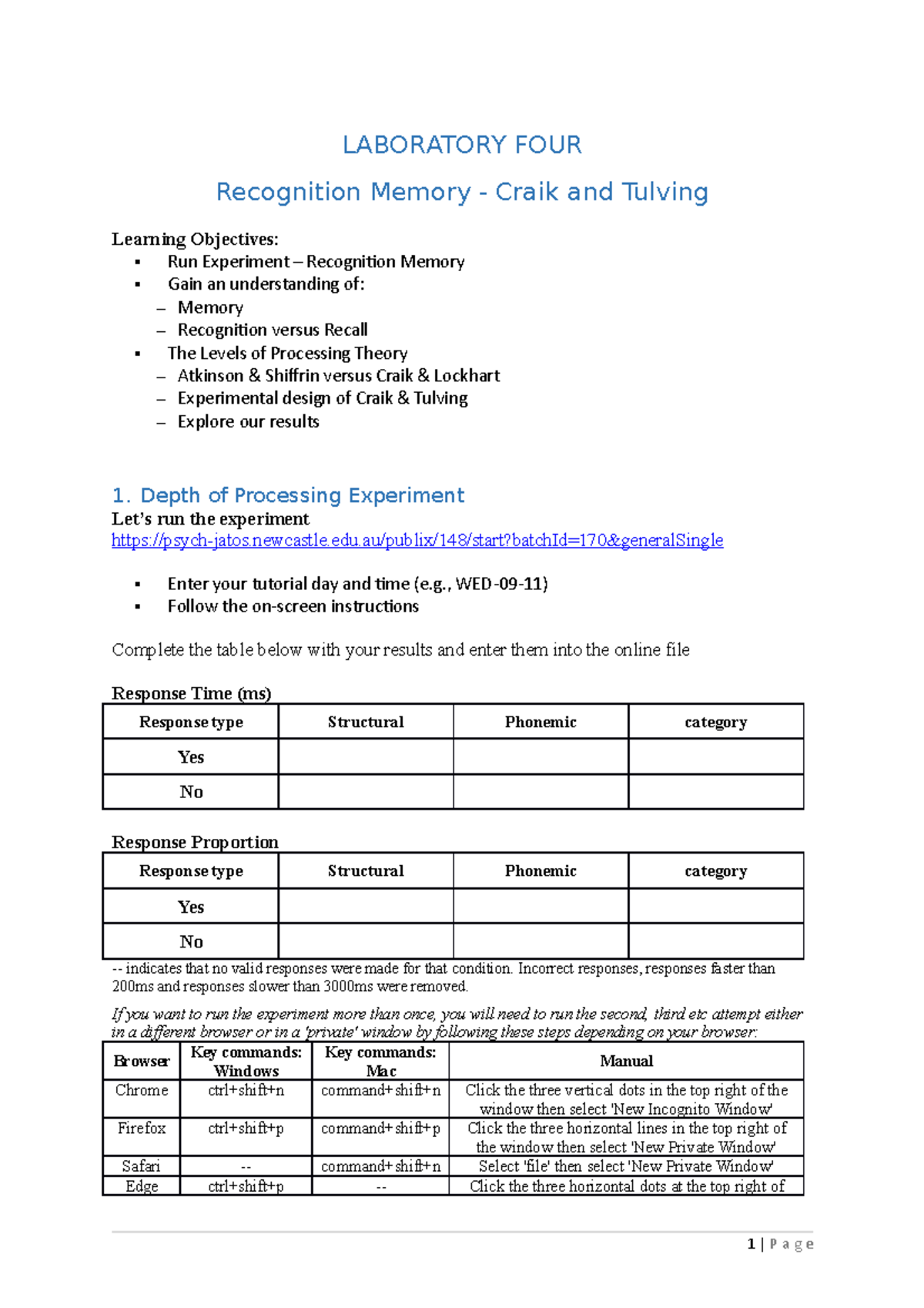 Lab 4 - Levels of Processing - LABORATORY FOUR Recognition Memory ...