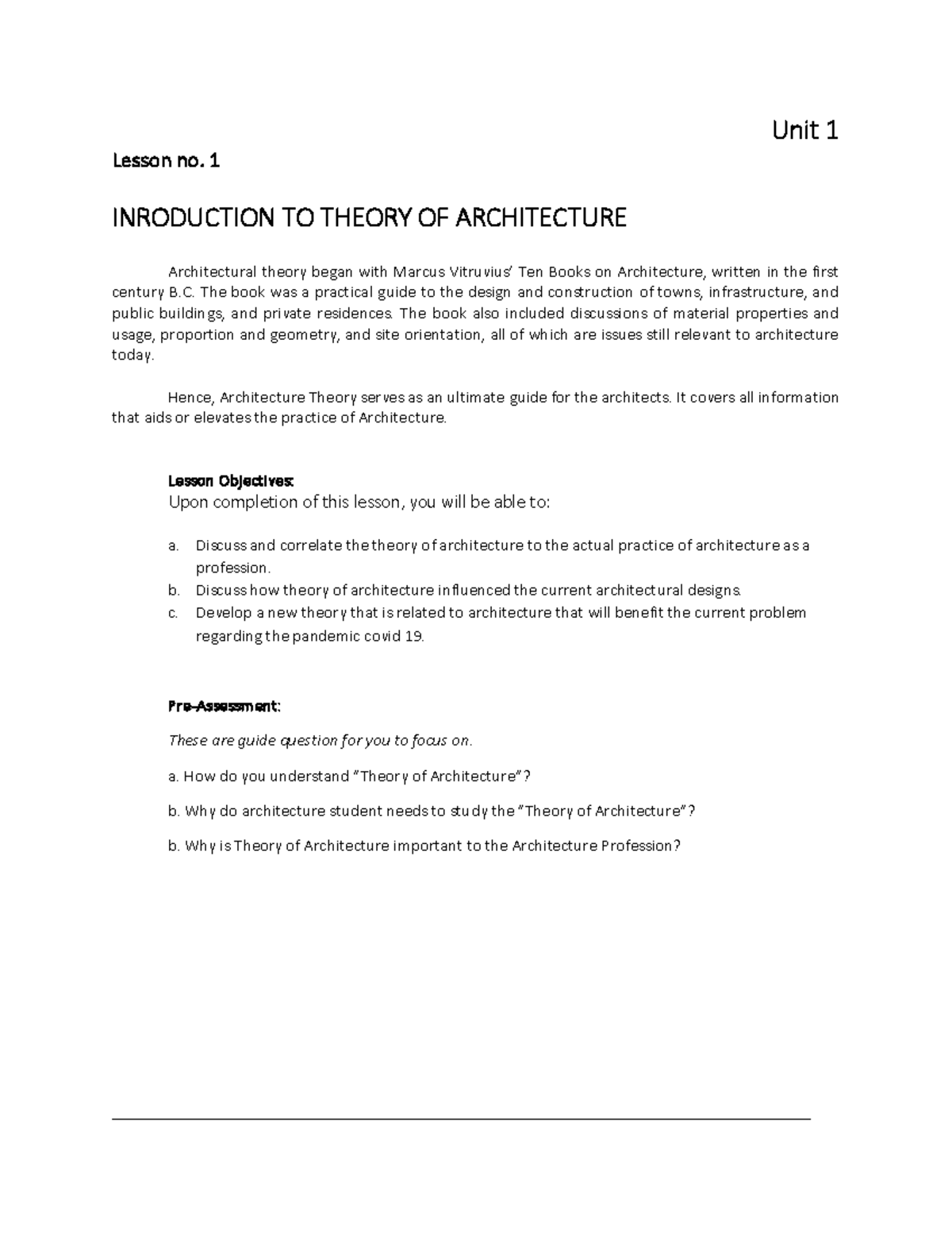 Unit 1 - Lesson 1 Introduction to Theory of Architecture - Unit 1 ...