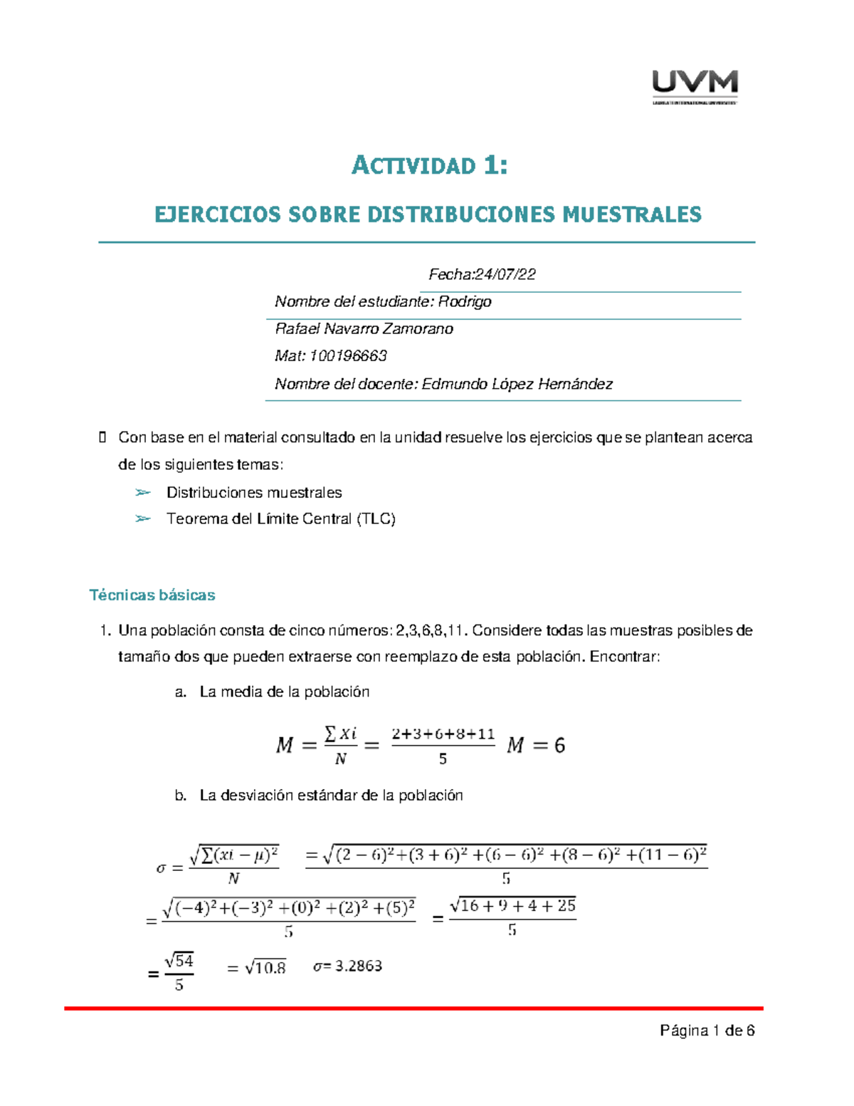 A1 RRNZ - Ejercicios sobre distribuciones muestrales - Página 1 de 6 ACTIVIDAD 1: EJERCICIOS ...