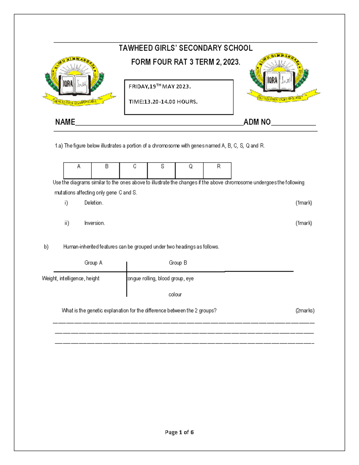 Form 4 bio rat 3 - revision materials - TAWHEED GIRLS’ SECONDARY SCHOOL ...
