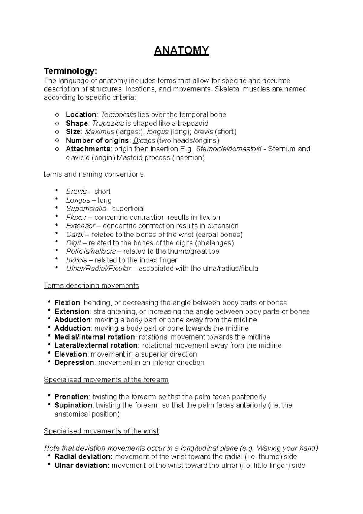 Anatomy summary - ANATOMY Terminology: The language of anatomy includes ...