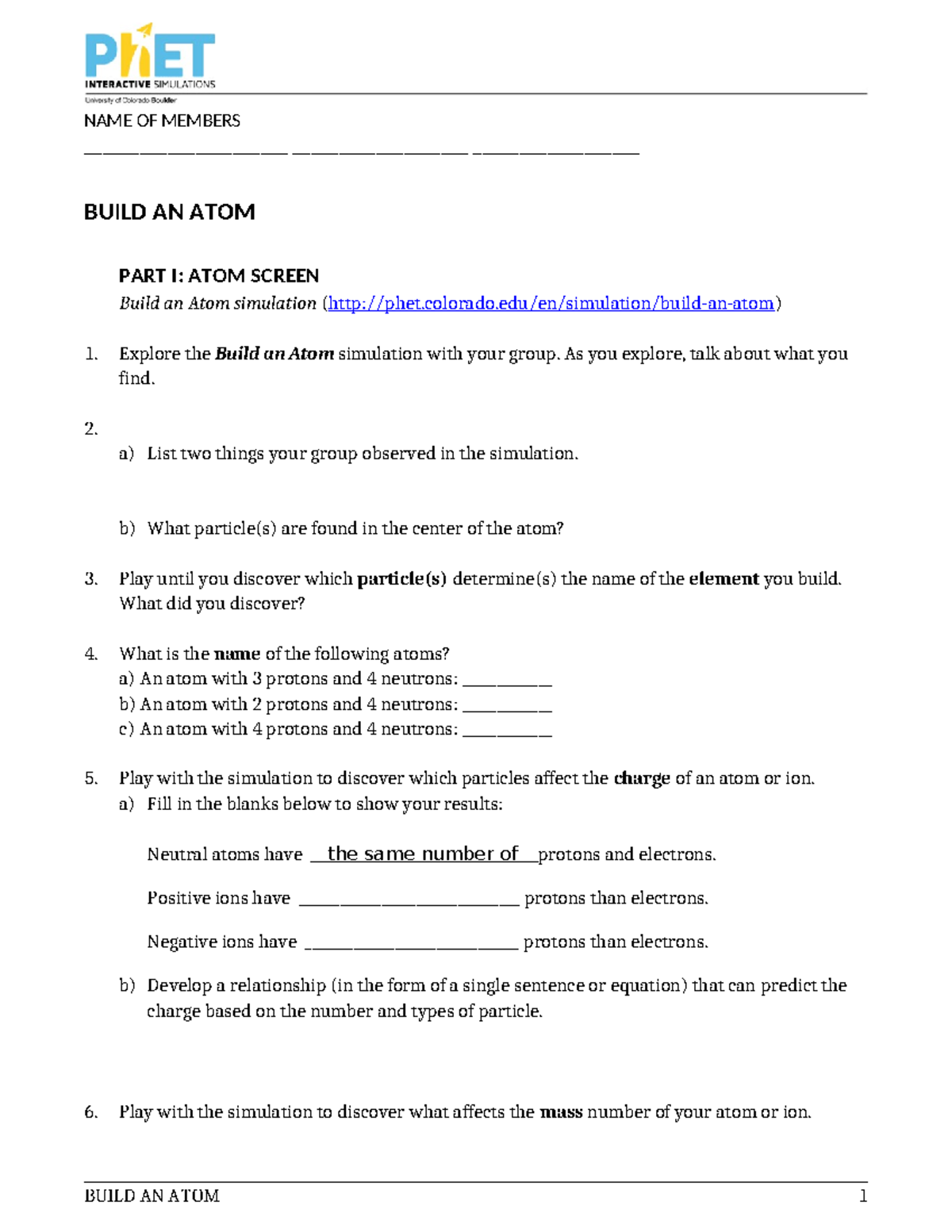 Build An Atom Guided Inquiry Annotated - NAME OF MEMBERS