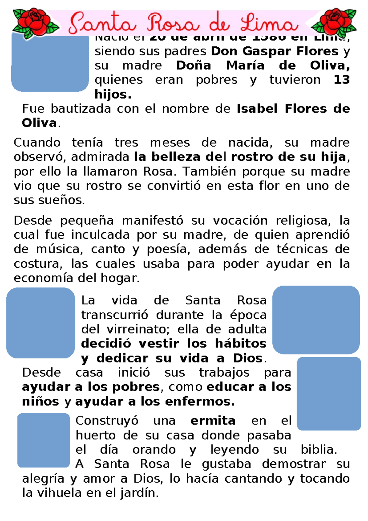 Ficha Santa ROSA DE LIMA - Nació el 20 de abril de 1586 en Lima, siendo ...