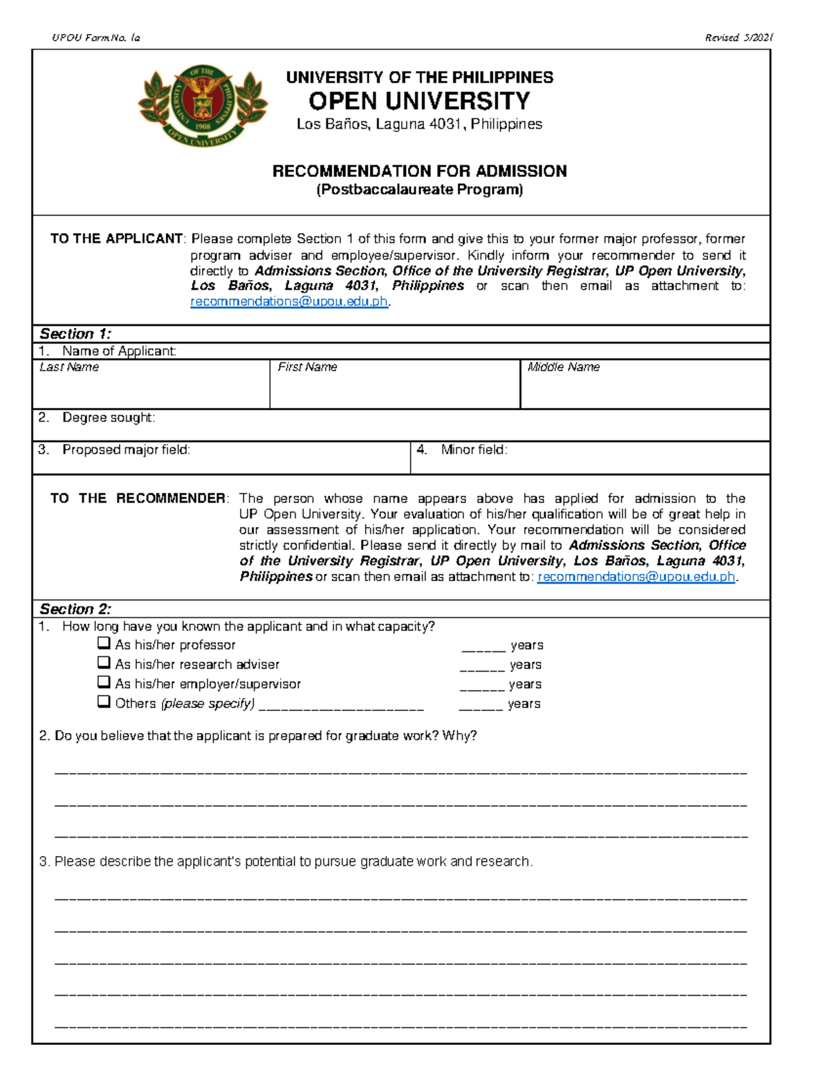 Recommendation Letter Form - UPOU Form No. 1a Revised 5/ UNIVERSITY OF ...