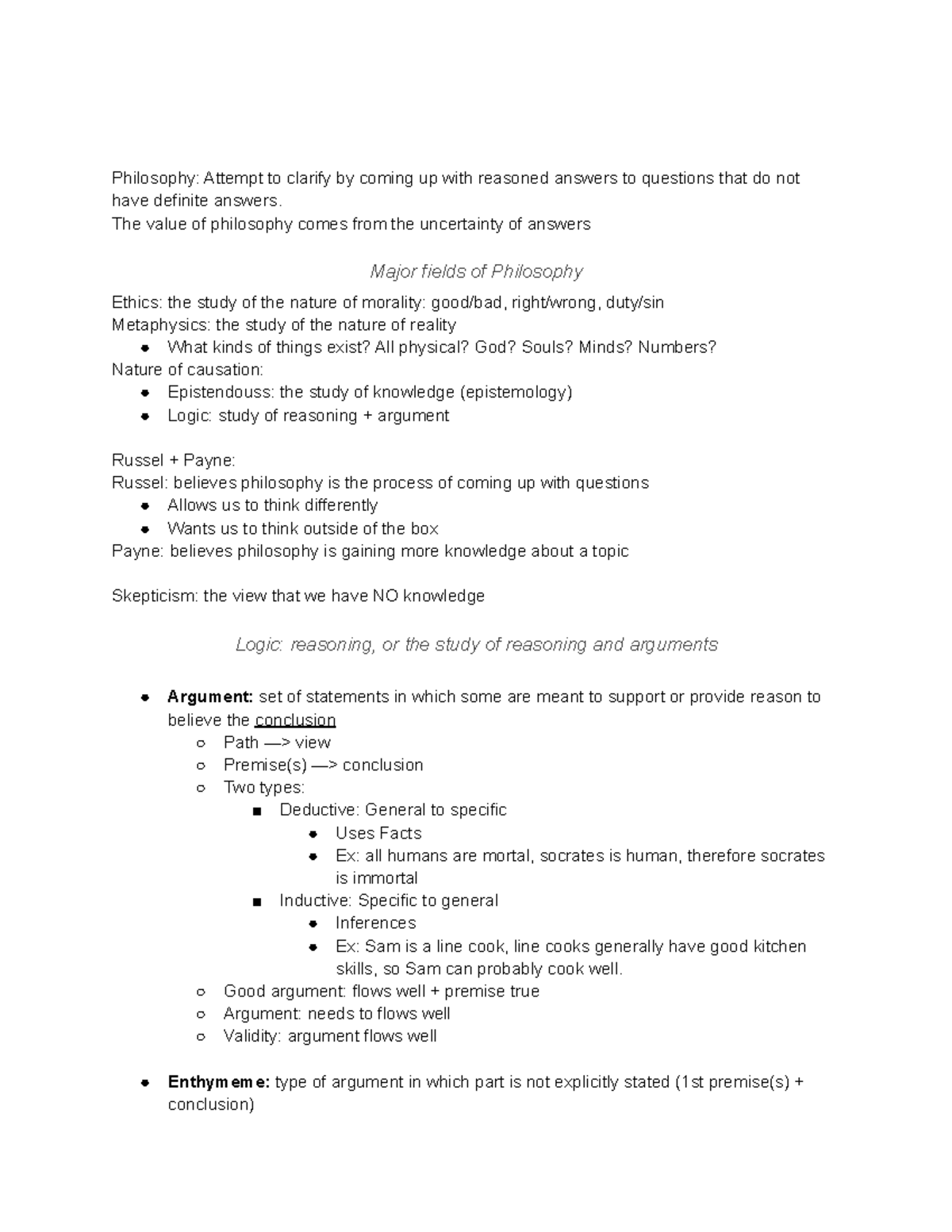 PHIL I Test 1 - Test 1 Notes - Philosophy: Attempt to clarify by coming ...