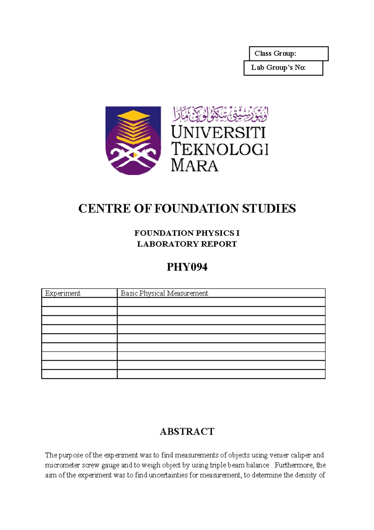Experiment Basic Physical Measurement Lab Report - CENTRE OF FOUNDATION ...