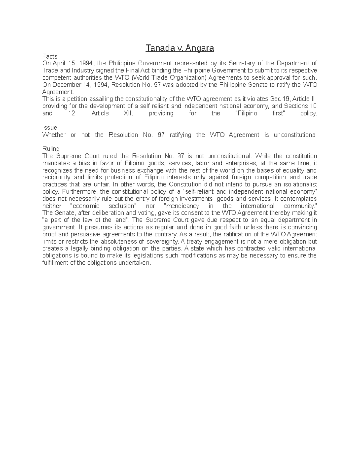 Tanada v Angara - case digest - Tanada v. Angara Facts On April 15 ...