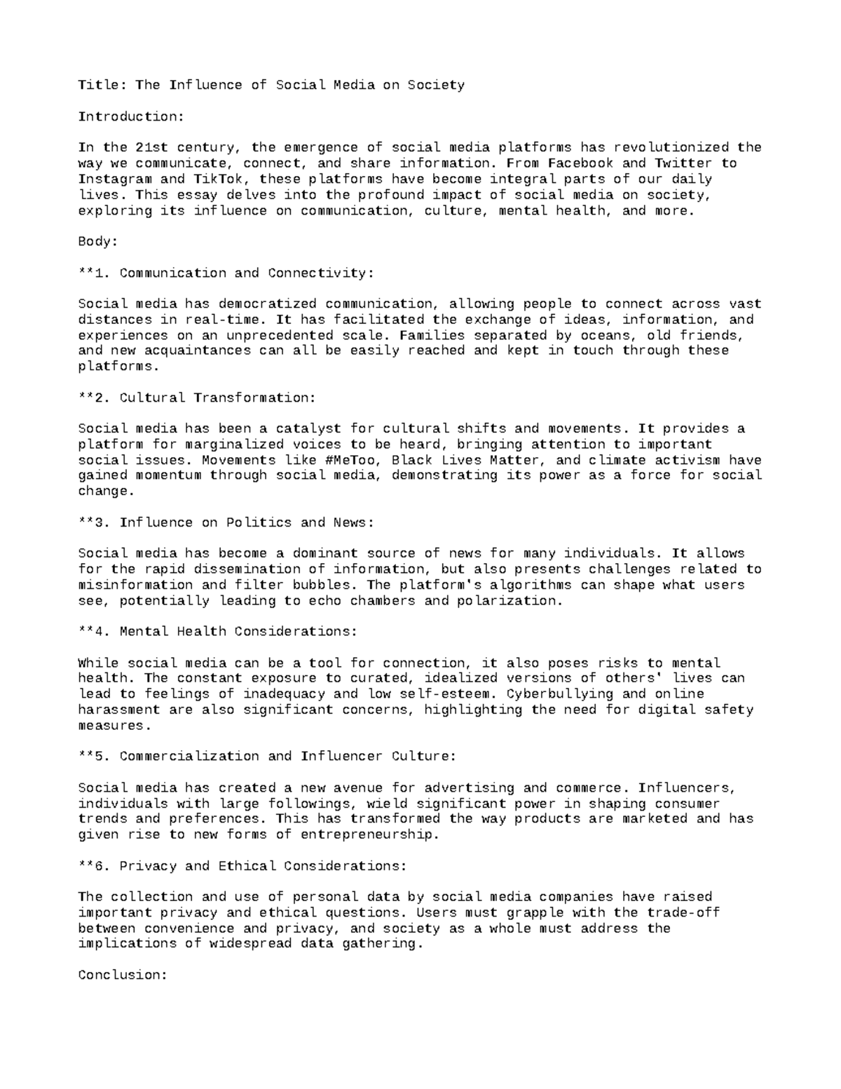 The Influence of Social Media on Society - Title: The Influence of ...