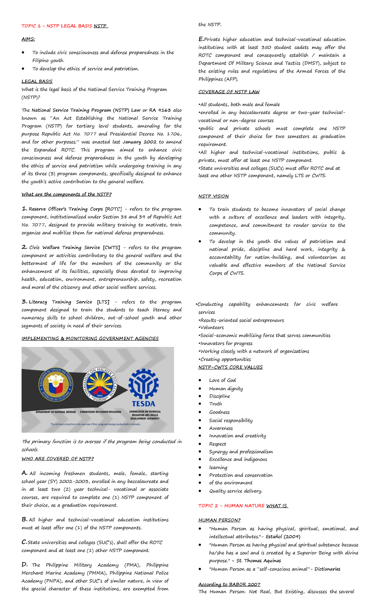 NSTP- Reviewer - TOPIC 1 - NSTP LEGAL BASIS NSTP AIMS: To include civic ...