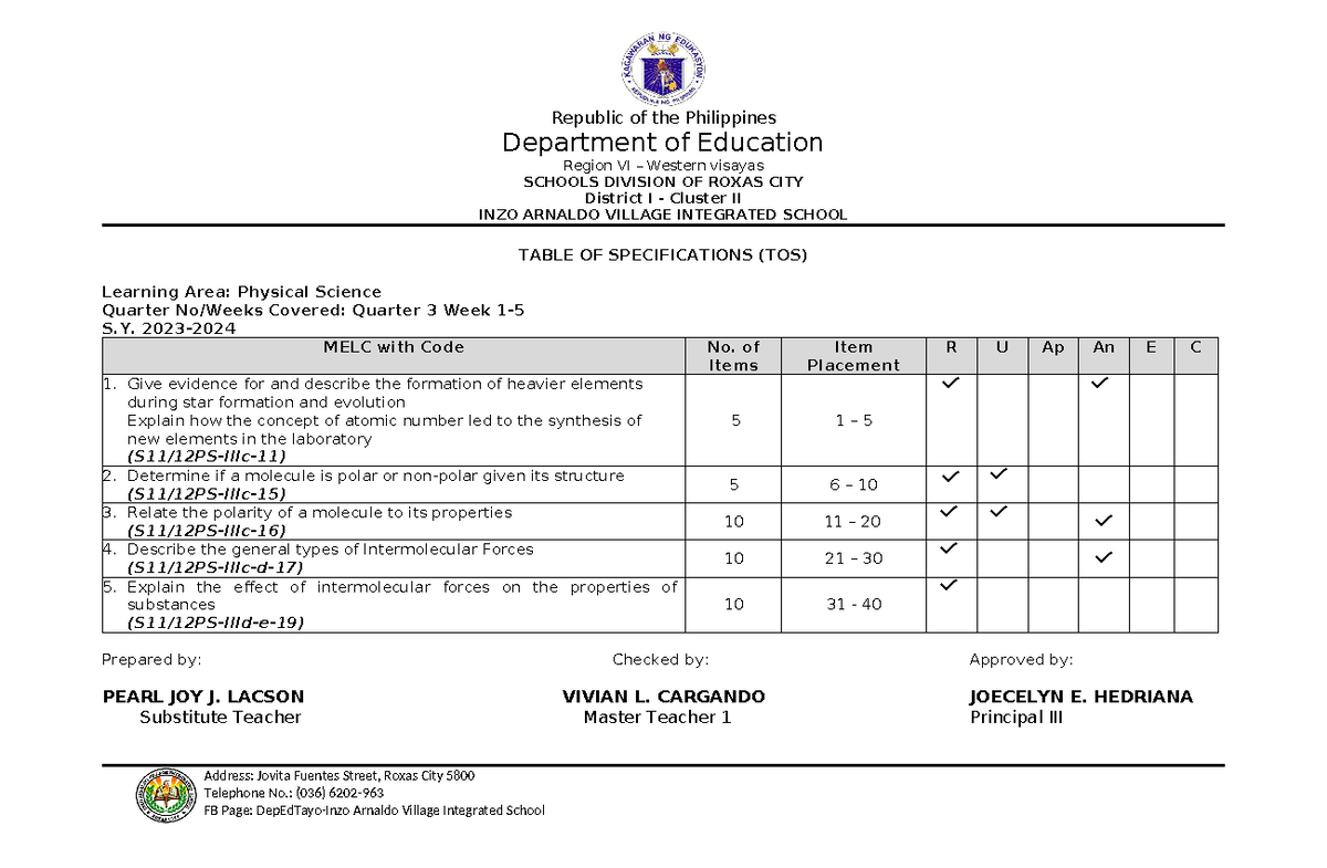 TOS Physics 11 - TOS - Republic of the Philippines Department of ...