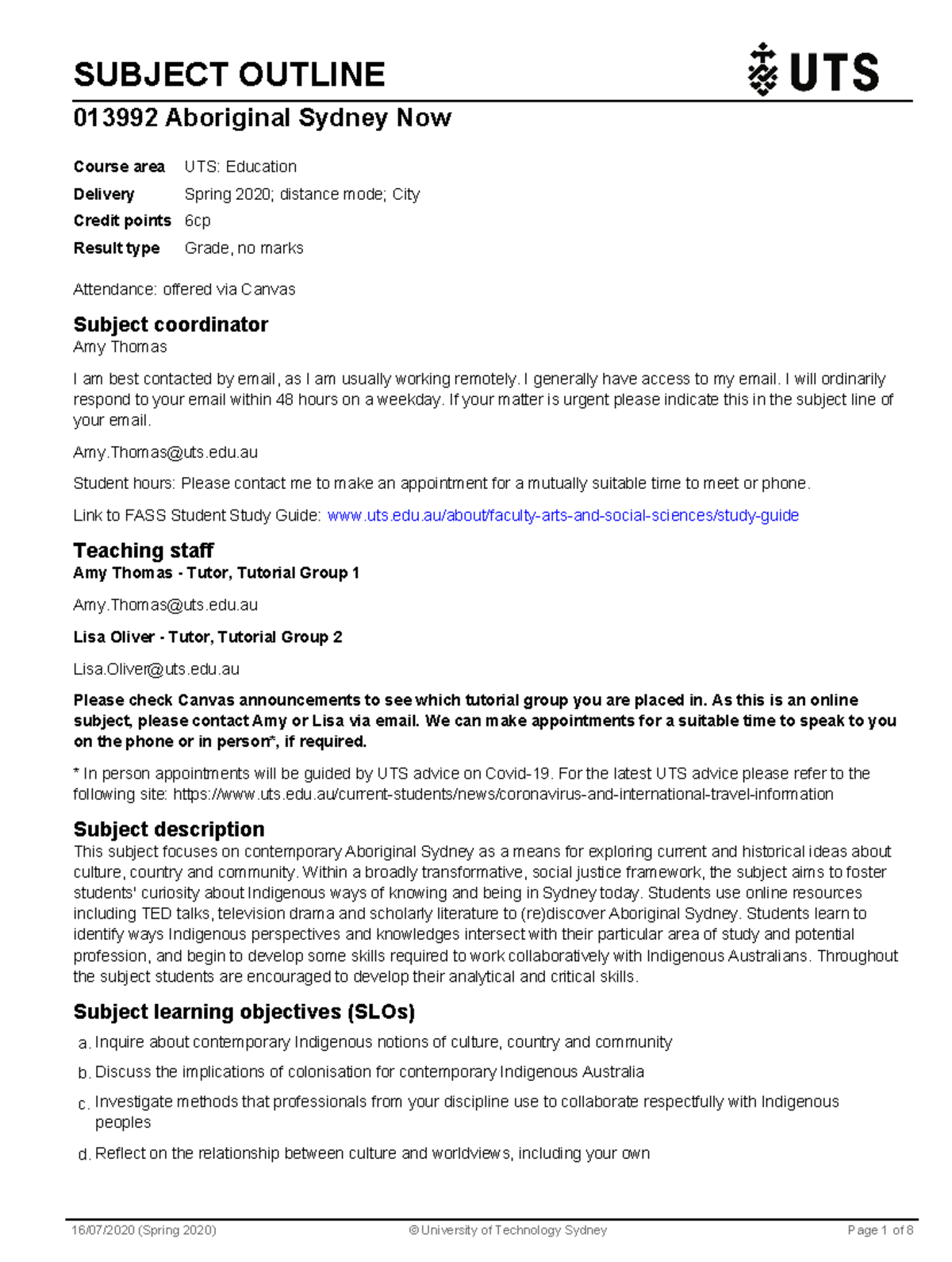 013992 outline - SUBJECT OUTLINE 013992 Aboriginal Sydney Now ...