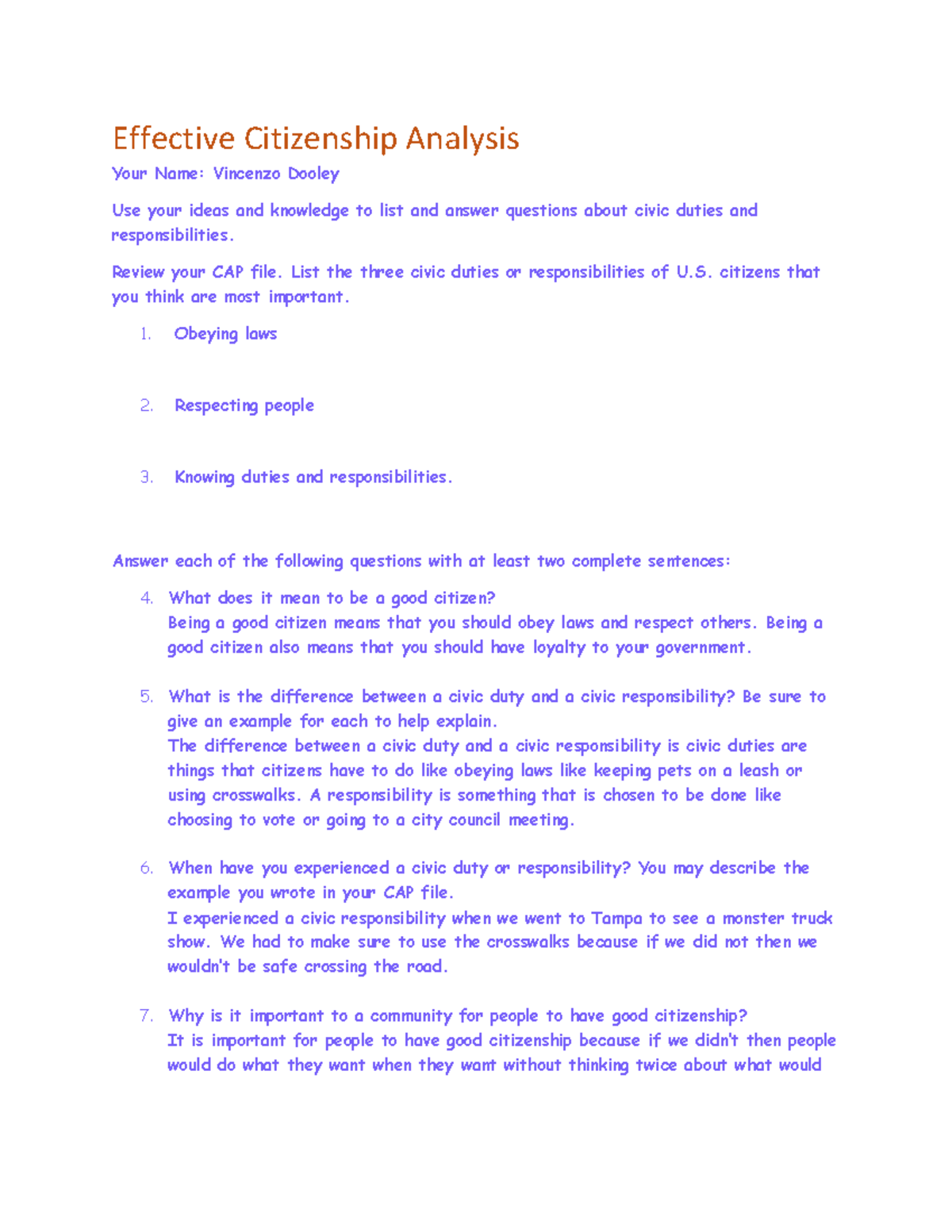 1.06 Vincenzo Civics Assignment - Effective Citizenship Analysis Your Name: Vincenzo Dooley Use ...