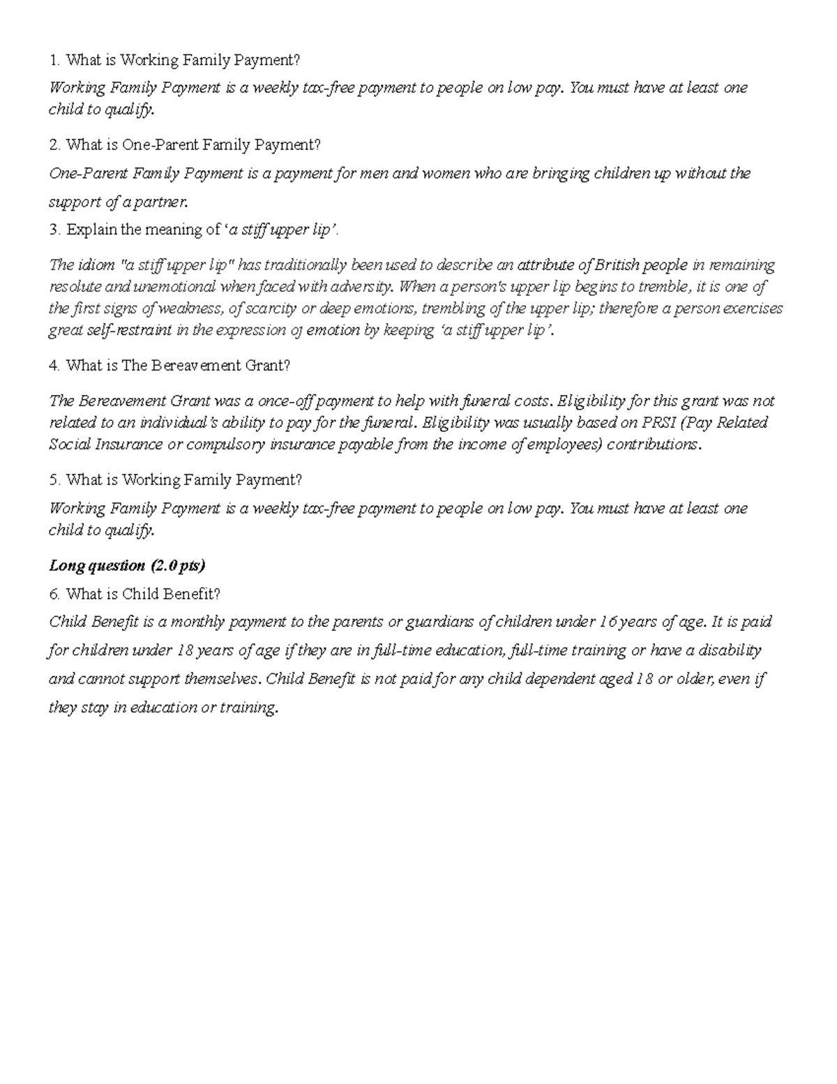 Questions FOR Review - hgfhmtfhjn - What is Working Family Payment ...