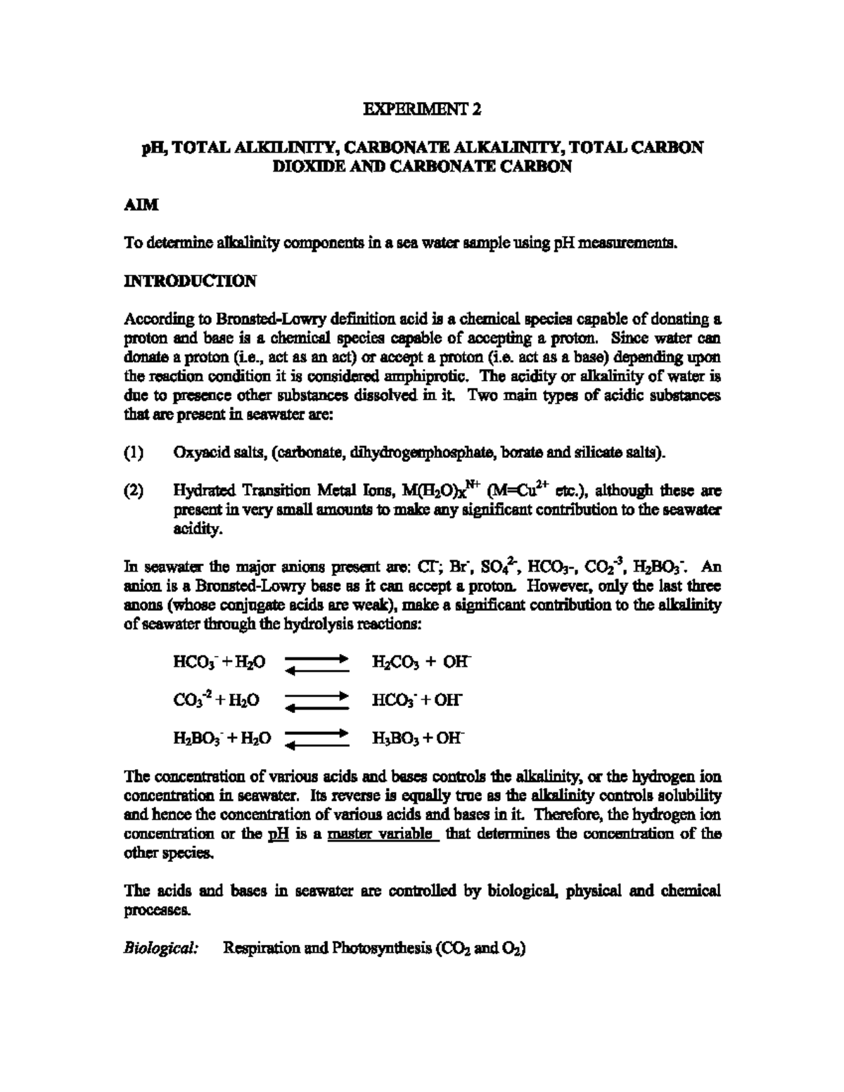 Experiment 2 - EXPERIMENT 2 pH, TOTAL ALKILINITY, CARBONATE ALKALINITY ...